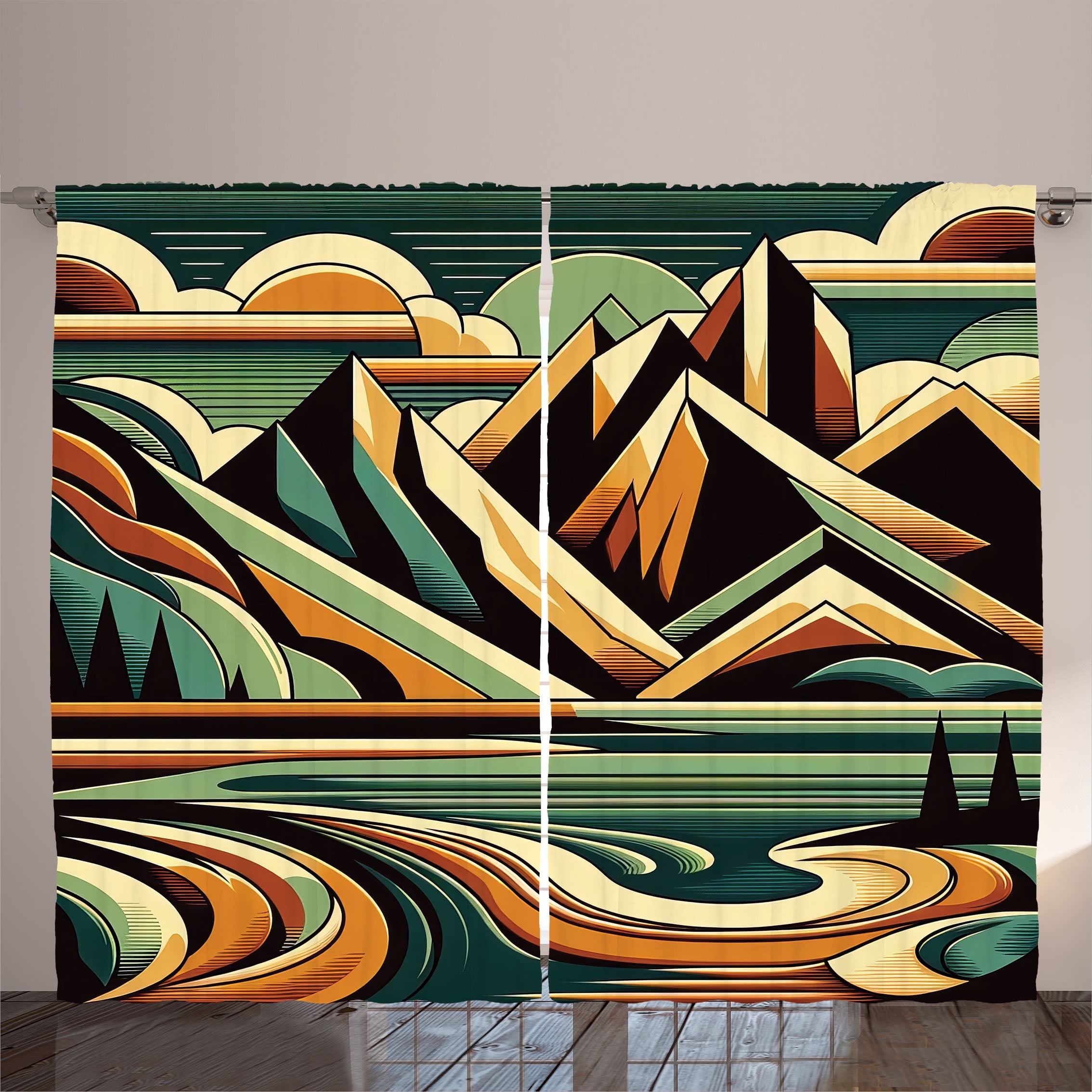 Ambesonne Lake Curtains 2 Panel Set, Mountain Landscape Mid Century ...