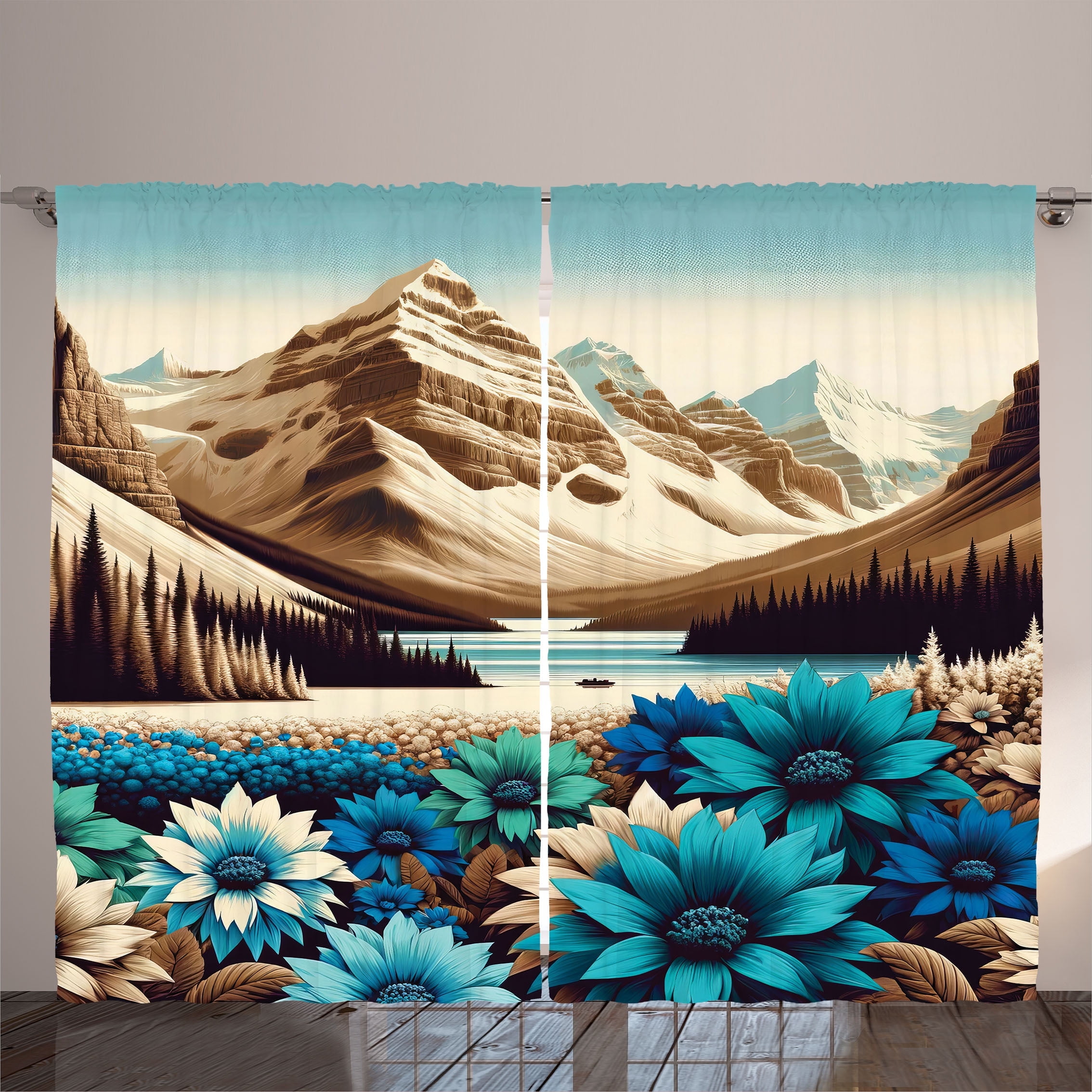 Ambesonne Lake Curtains 2 Panel Set, Mountain Scene Icy Tone Floral ...