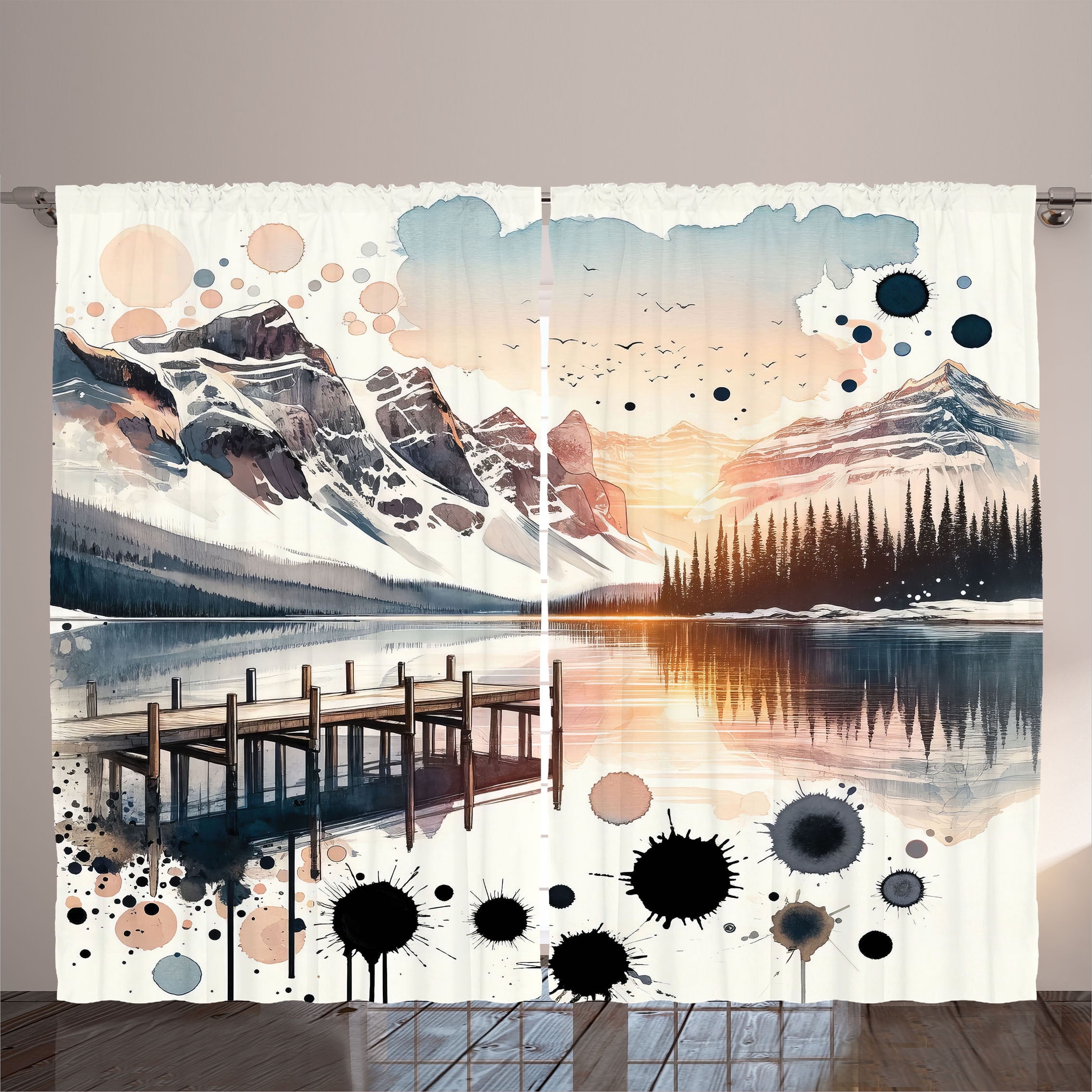 Ambesonne Lake Curtains 2 Panel Set, Mountain and Paint Splatter, 108 ...