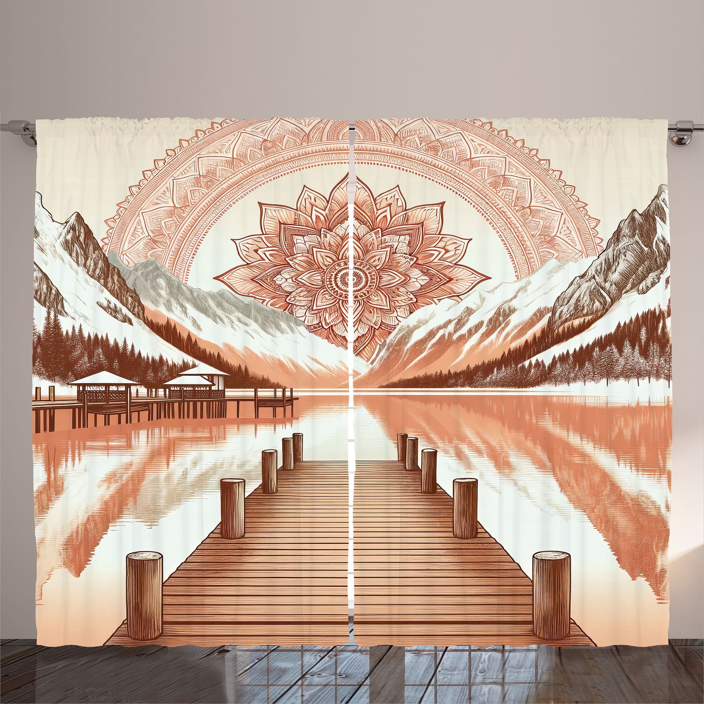 Ambesonne Lake Curtains 2 Panel Set, Mountains Pier and Mandala, 108" x ...