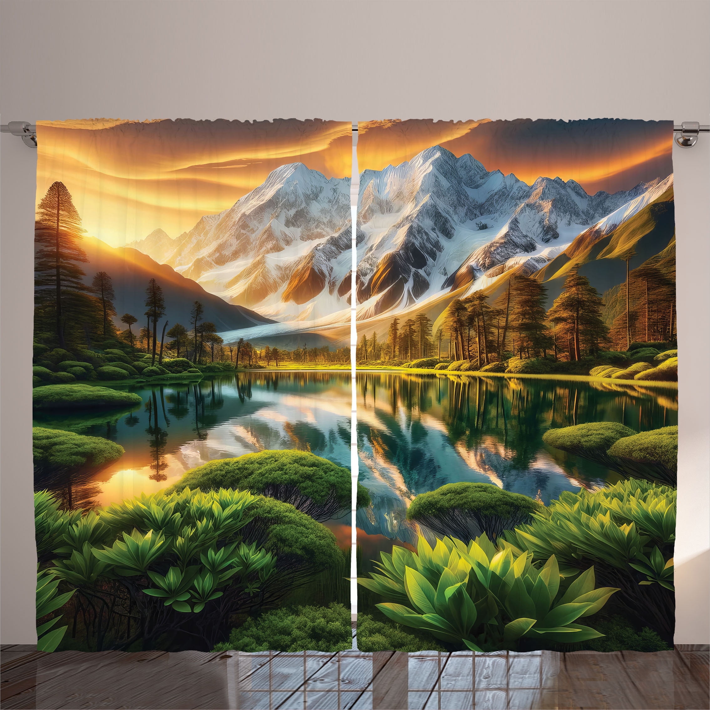 Ambesonne Lake Curtains 2 Panel Set, Nature Morning Scenery Peaks, 108 ...