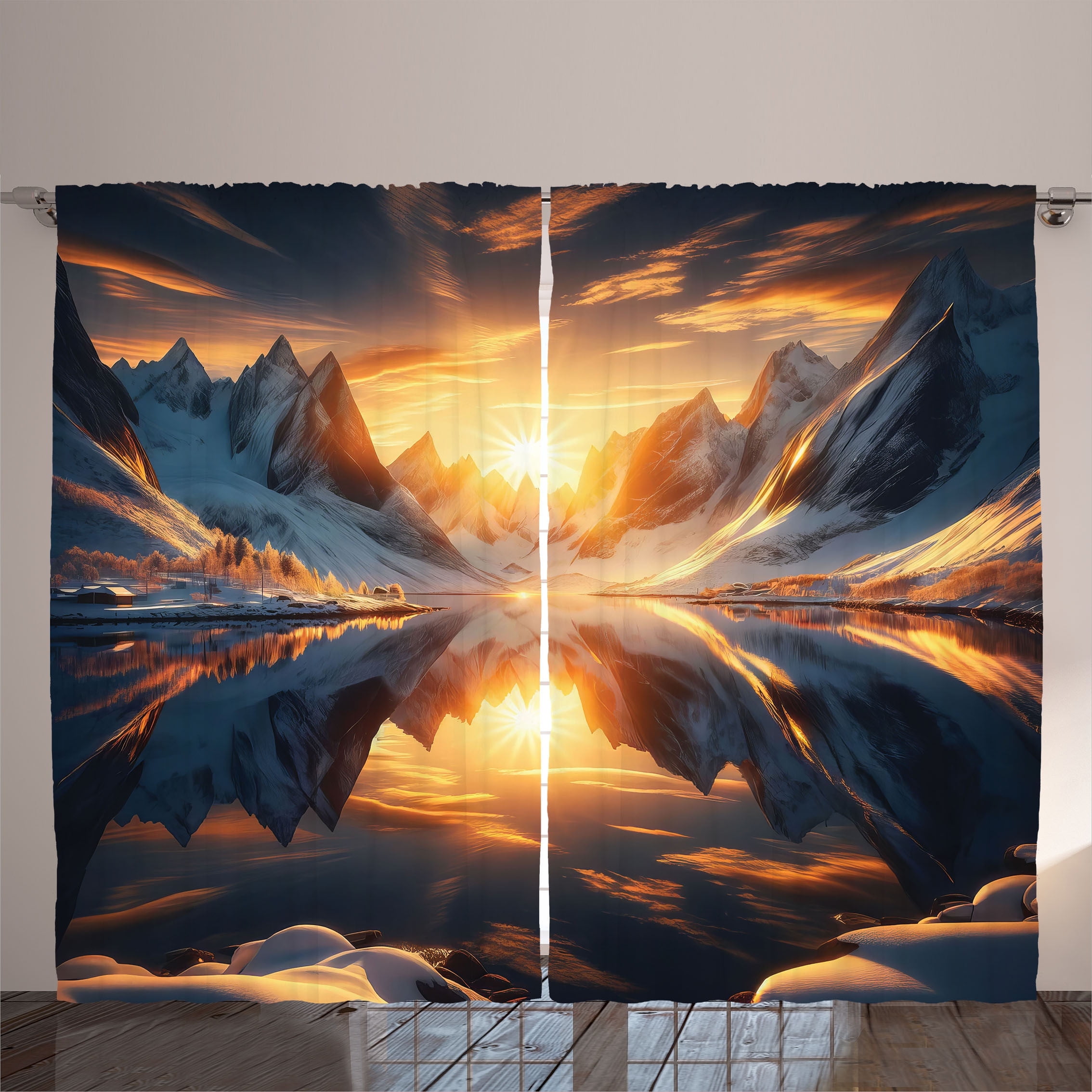Ambesonne Lake Curtains 2 Panel Set, Reflection Snowy Mountain Dawn ...
