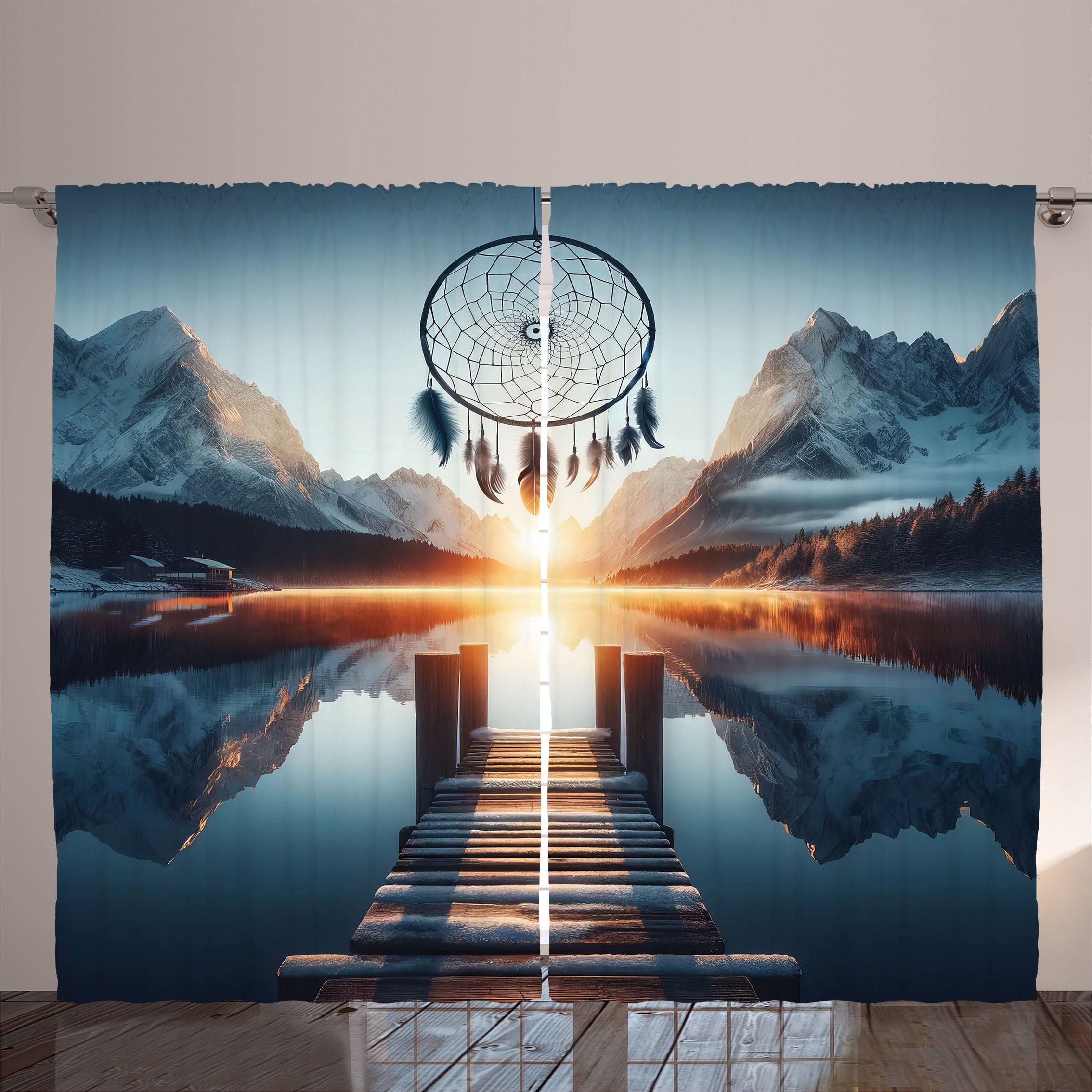 Ambesonne Lake Curtains 2 Panel Set, Sunset Horizon Dreamcatcher, 108 ...