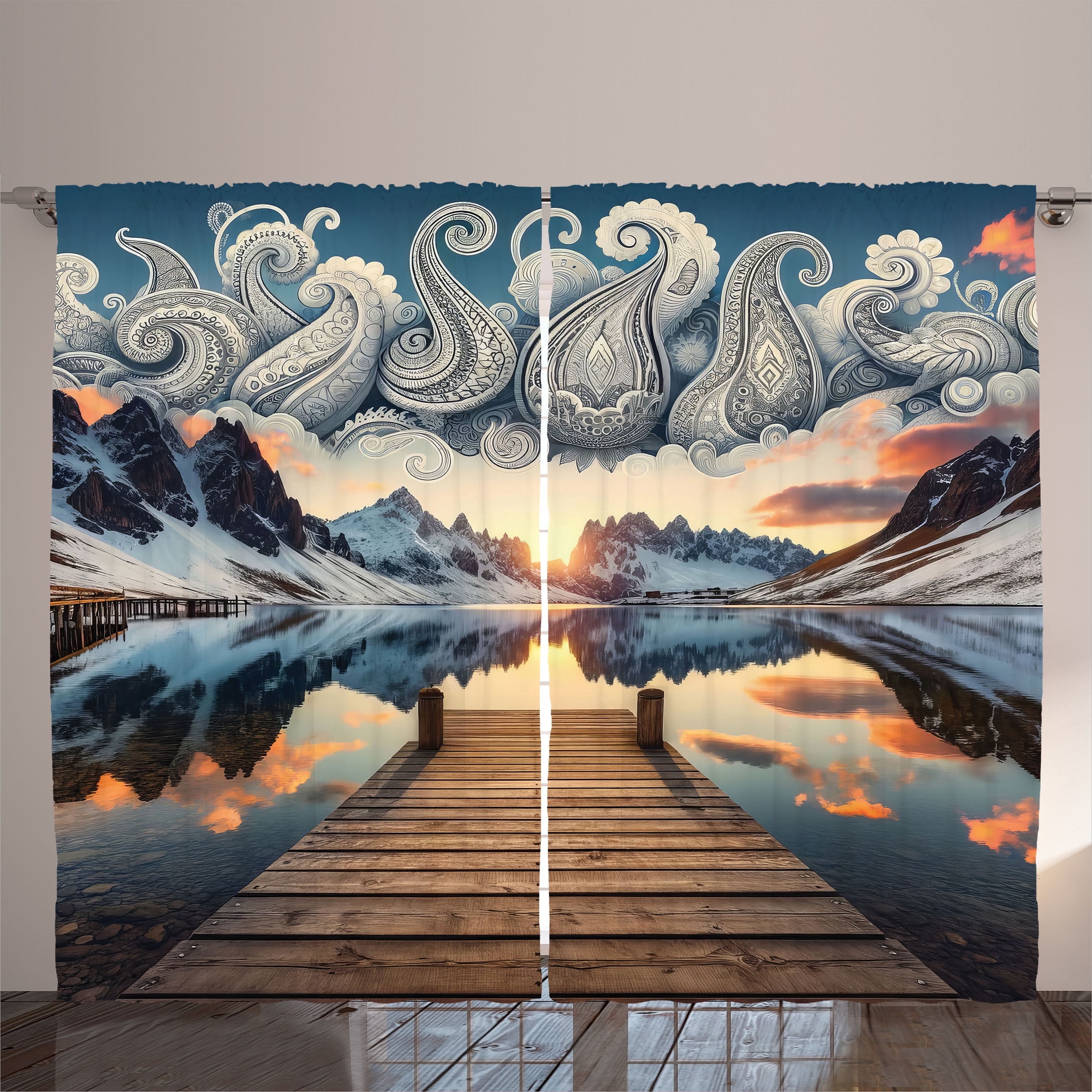 Ambesonne Lake Curtains 2 Panel Set, Sunset Mountains Pier Paisley, 108 ...