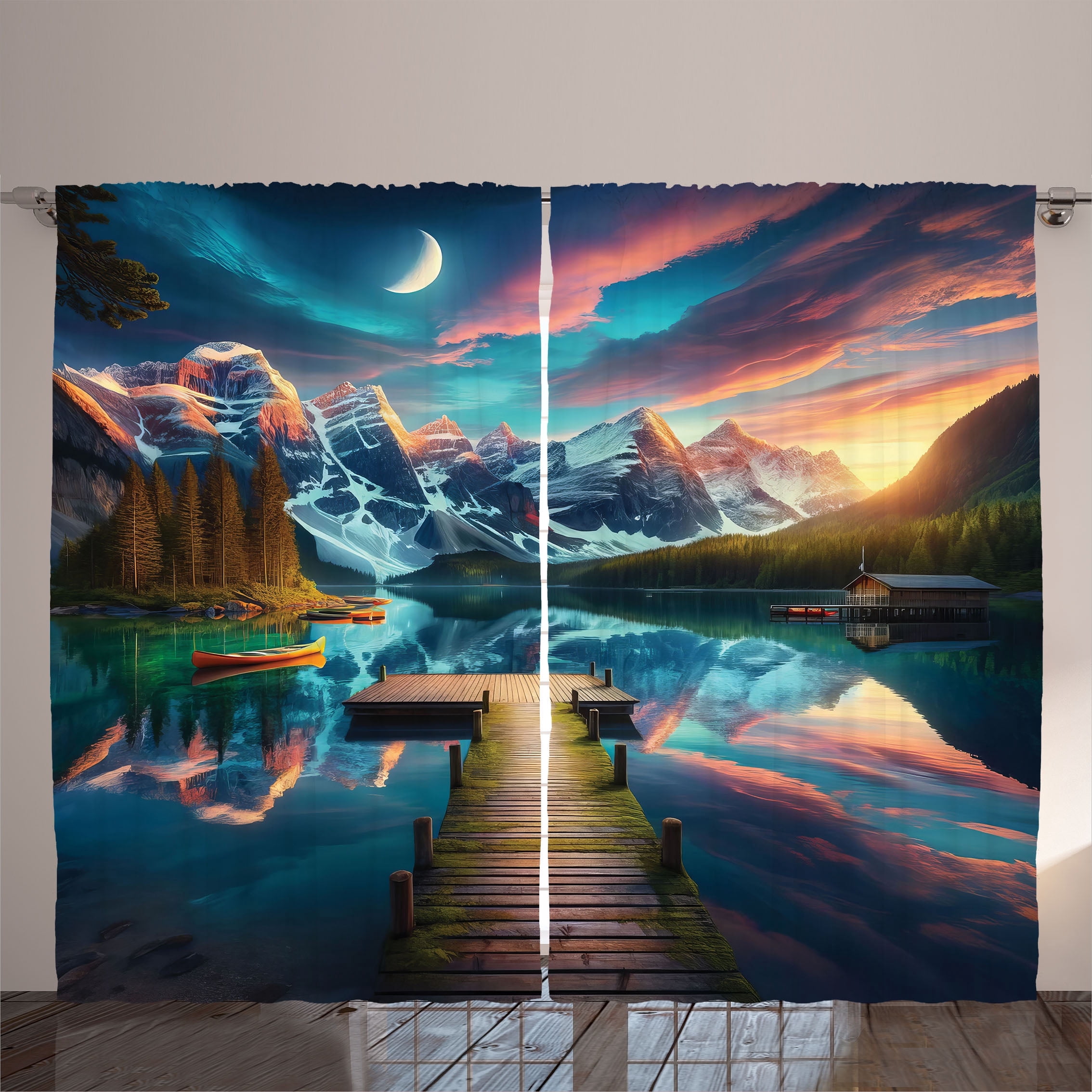 Ambesonne Lake Curtains 2 Panel Set, Wooden Pier Dramatic Night, 108" x ...