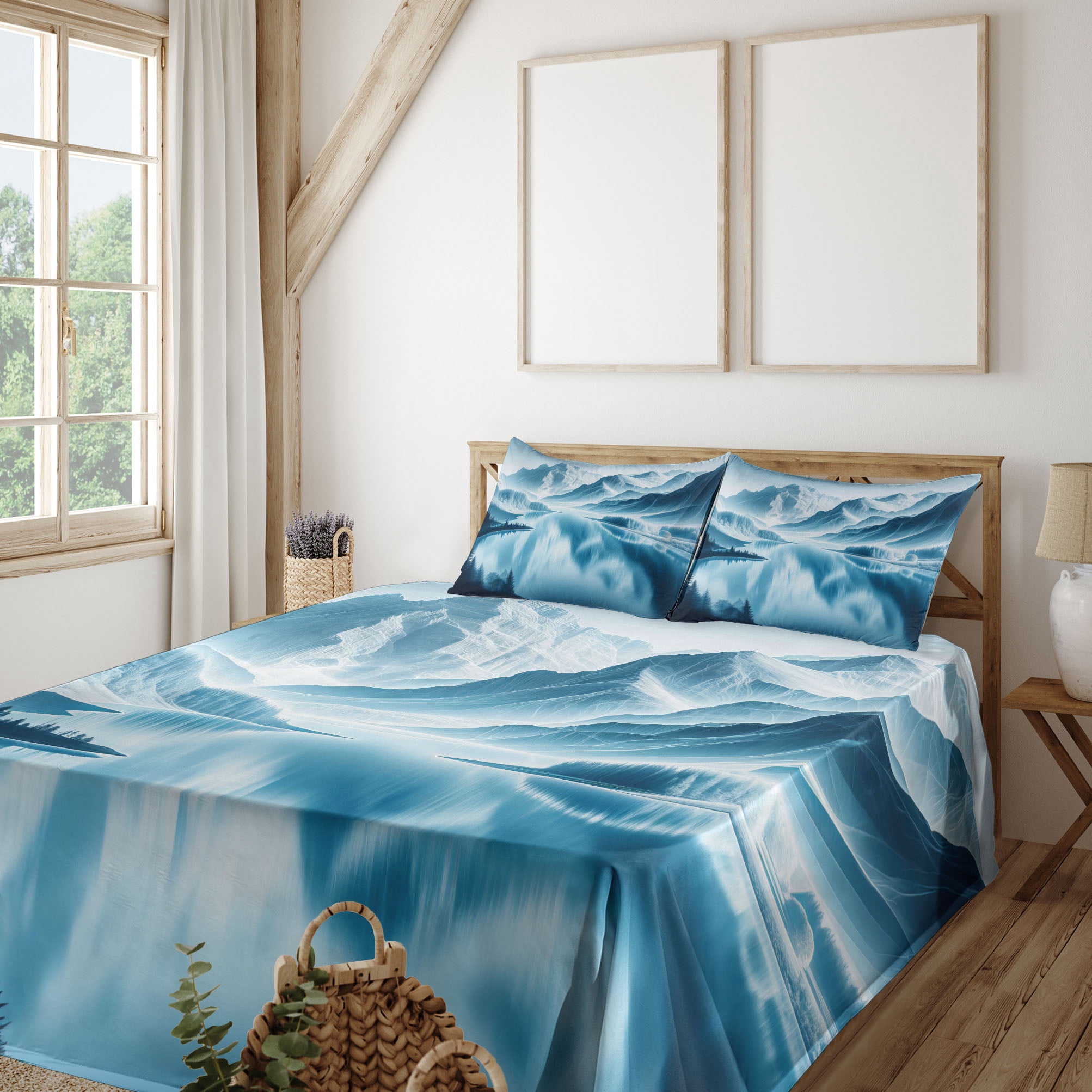 Ambesonne Lake Fitted & Top Sheet Set with Sham, Cold Mountain Peaks ...