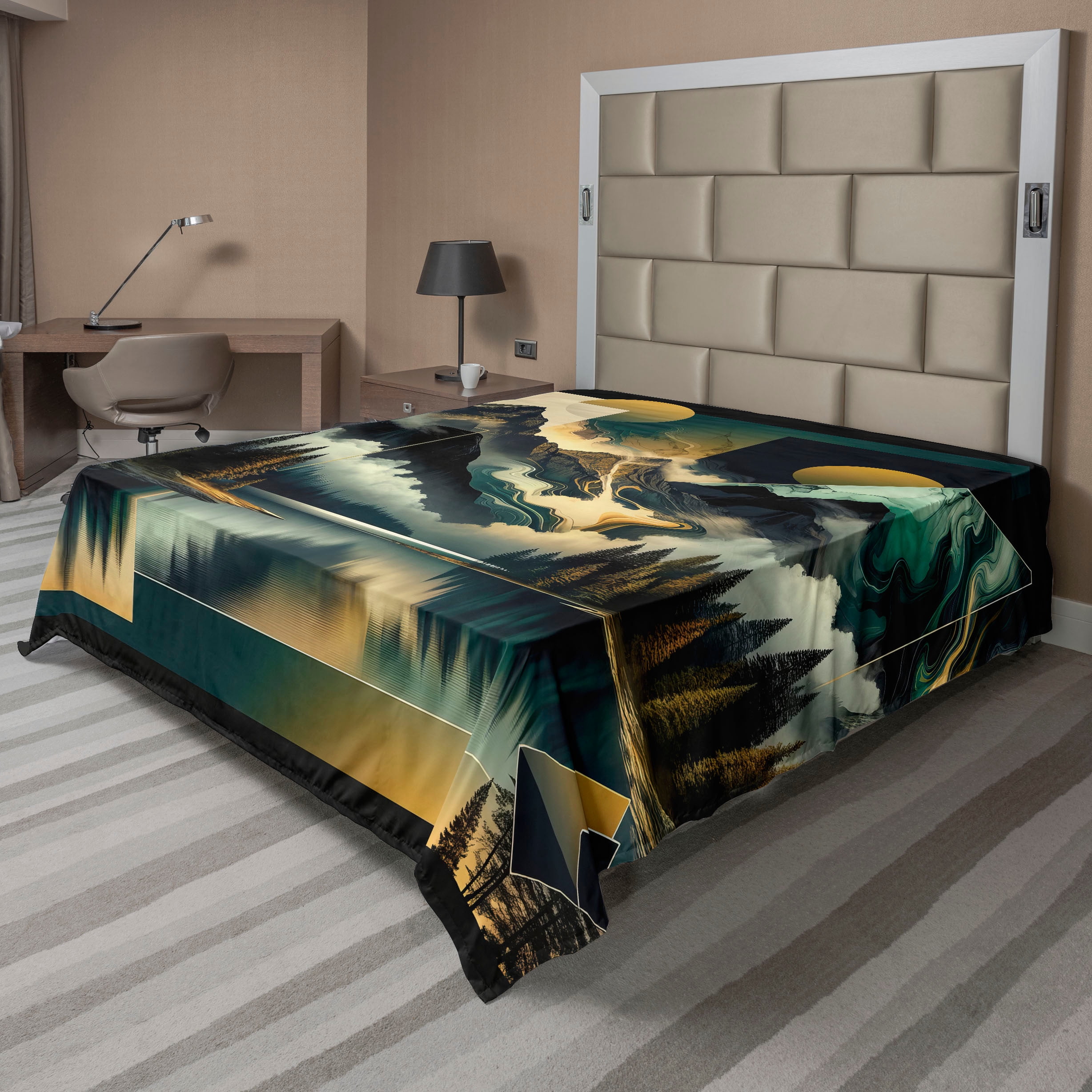 Ambesonne Lake Flat Sheet, Clouds Mountains Geometric Art, King Size ...