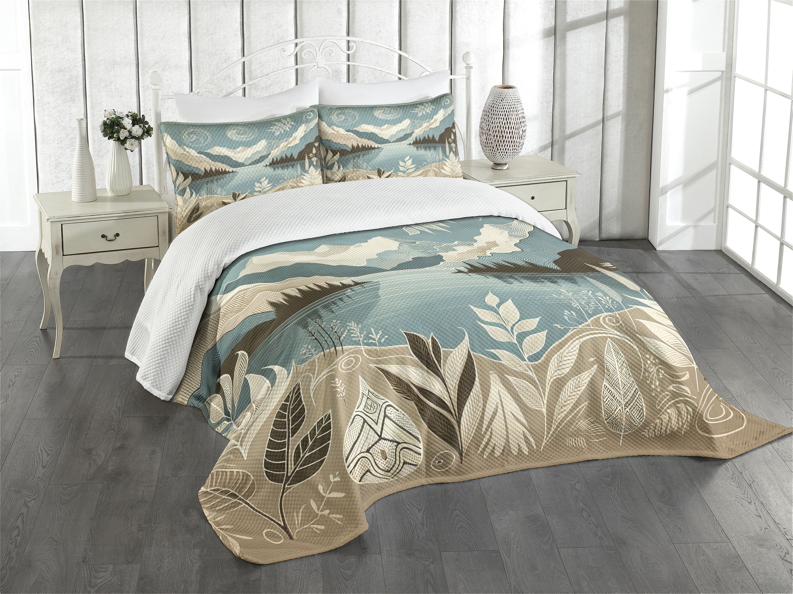 Ambesonne Lake Quilted Bedspread Set 3 Pcs, Calm Mountains Scenery ...