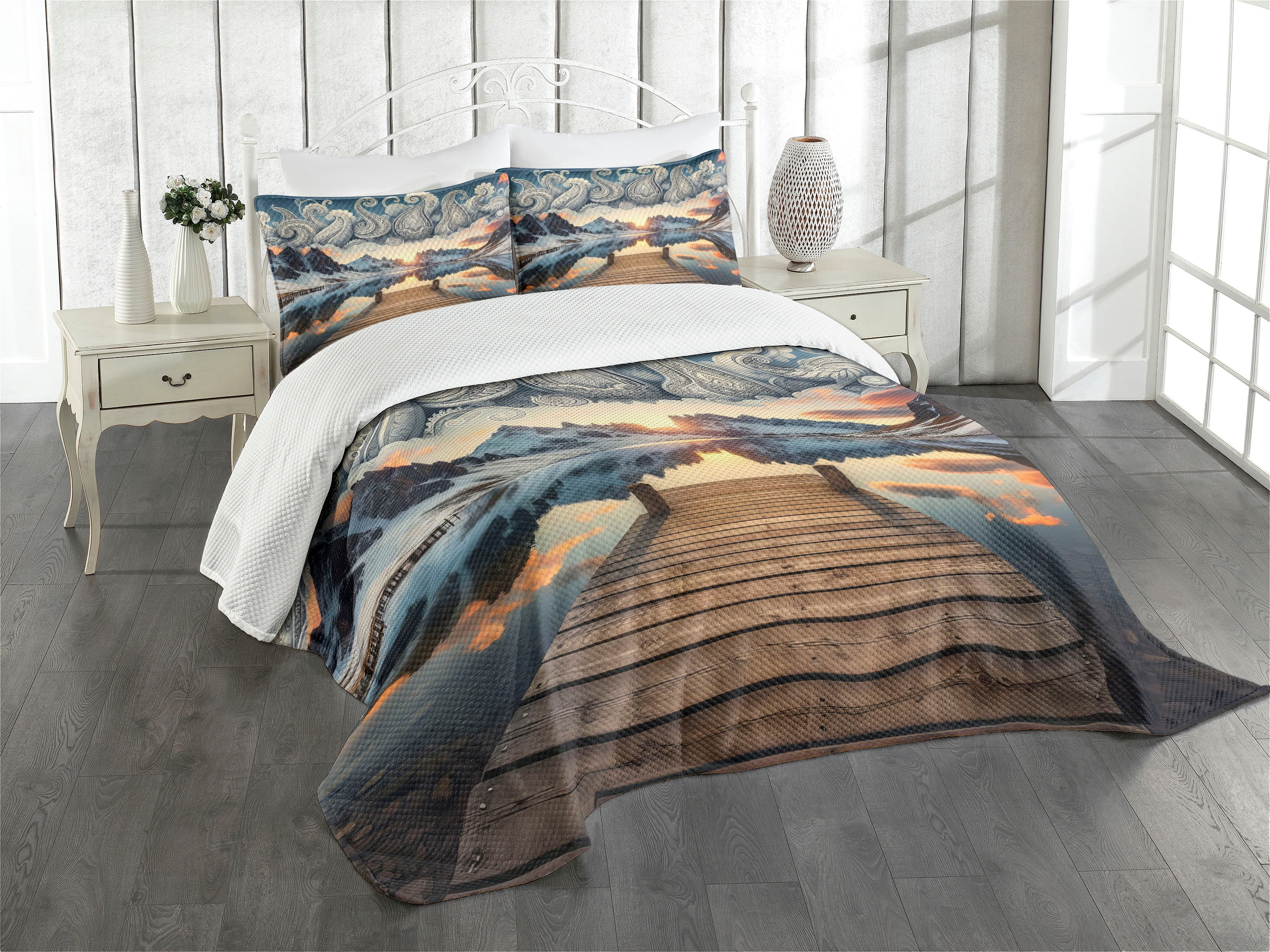Ambesonne Lake Quilted Bedspread Set 3 Pcs, Sunset Mountains Pier ...