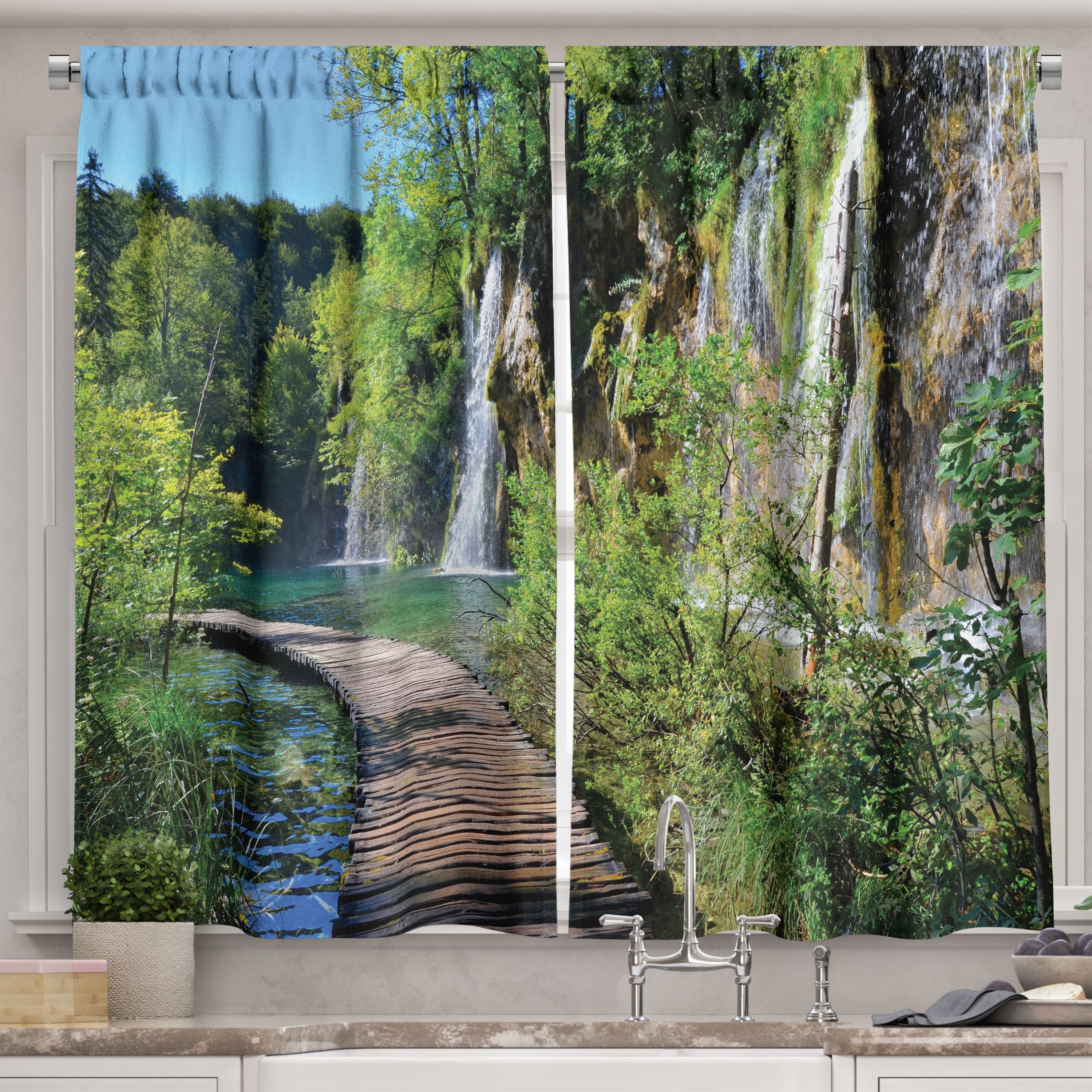 Ambesonne Lake Theme Kitchen Curtains, Boardwalk Waterfalls, 55"x39 ...