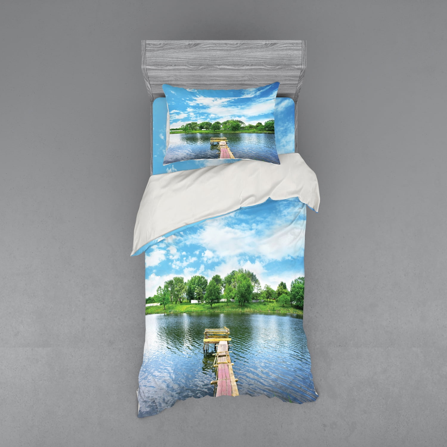 Ambesonne Landscape Bedding Set 3 Pcs, Wooden Dock over Lake, Twin ...