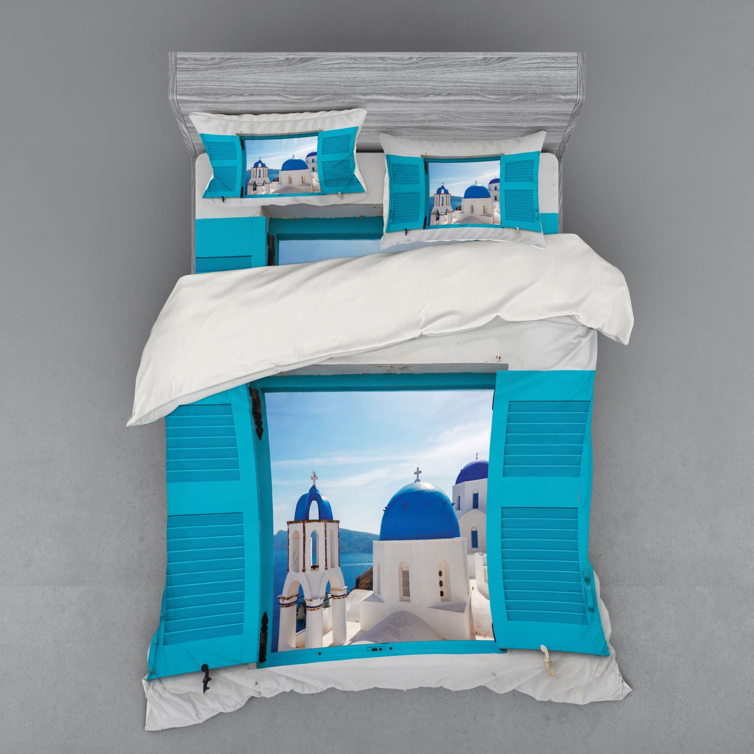 Ambesonne Landscape Bedding Set 4 Pcs, Greece Oia Building, Queen, Aqua Blue White - Walmart.com