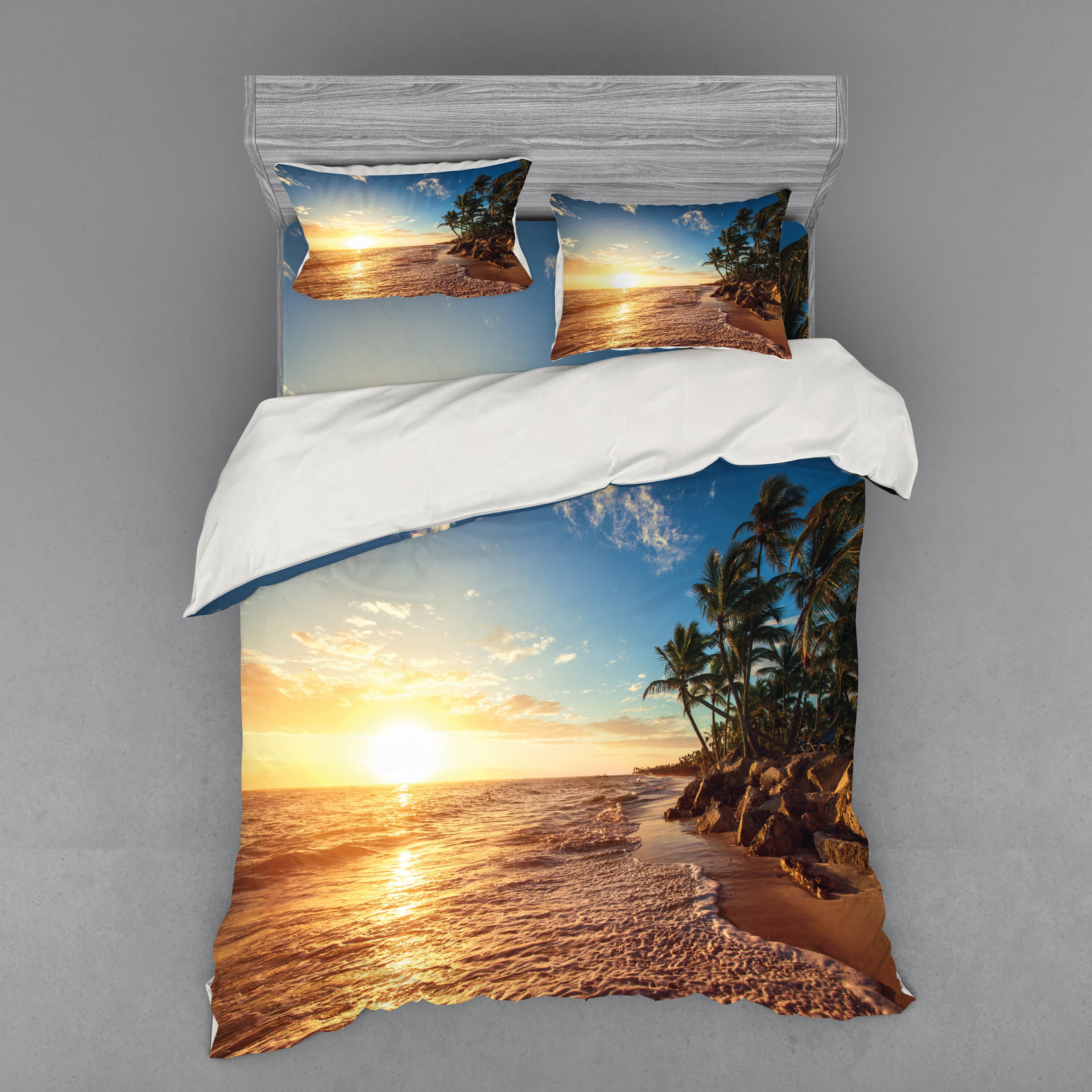 Ambesonne Landscape Bedding Set 4 Pcs, Palm Trees on Beach, Queen, Blue ...