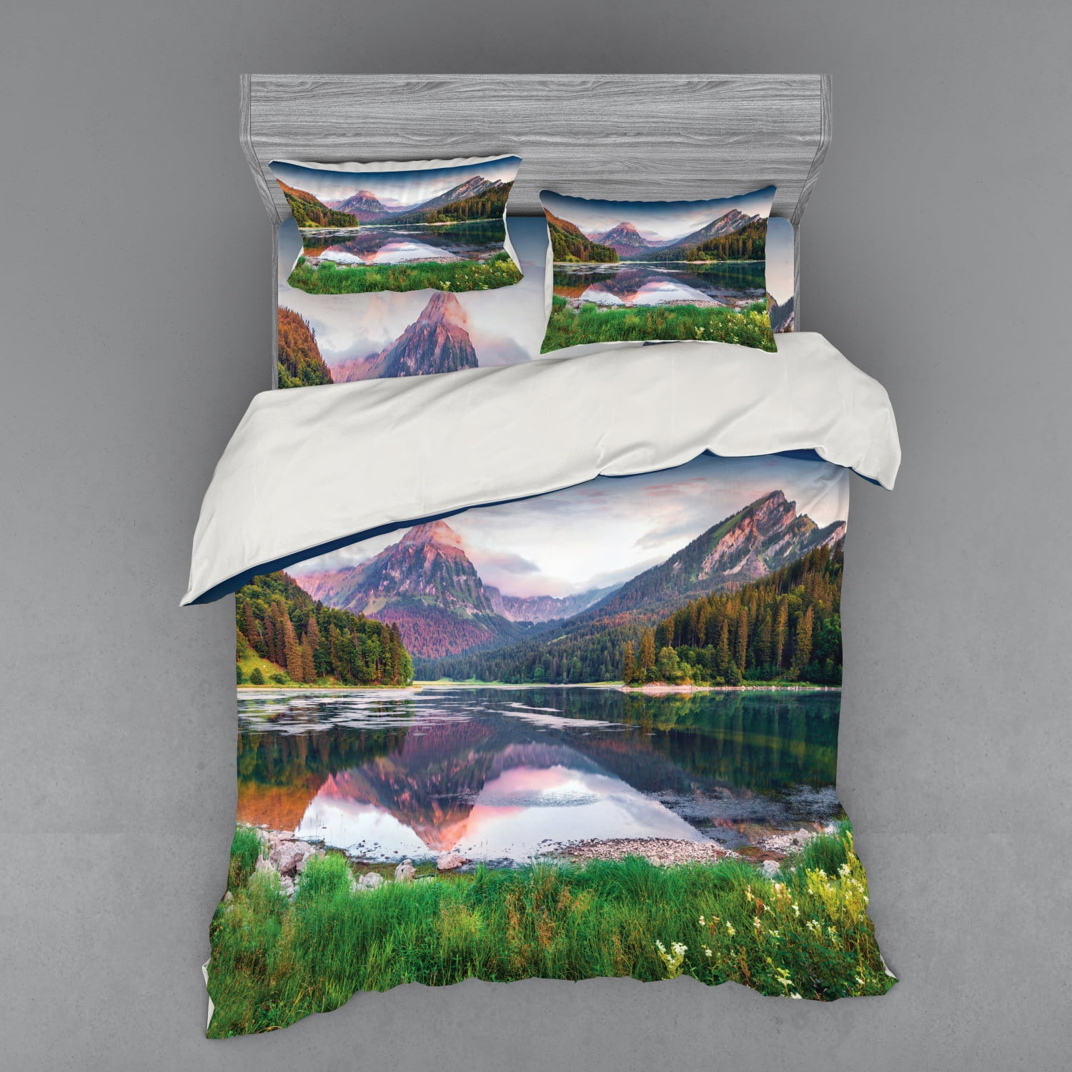 Ambesonne Landscape Bedding Set 4 Pcs, Swiss Lake Sunrise, Queen ...