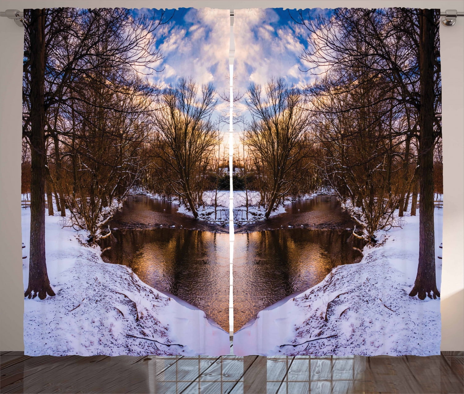 Ambesonne Landscape Curtains 2 Panel Set, Snowy Winter Park Lake, 108 ...