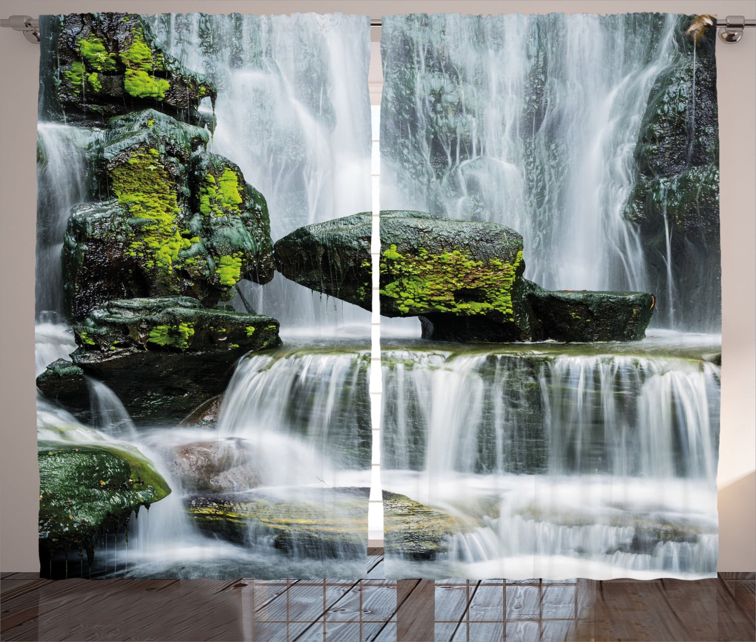 Ambesonne Landscape Curtains 2 Panel Set, Waterfall with Rocks, 108" x ...
