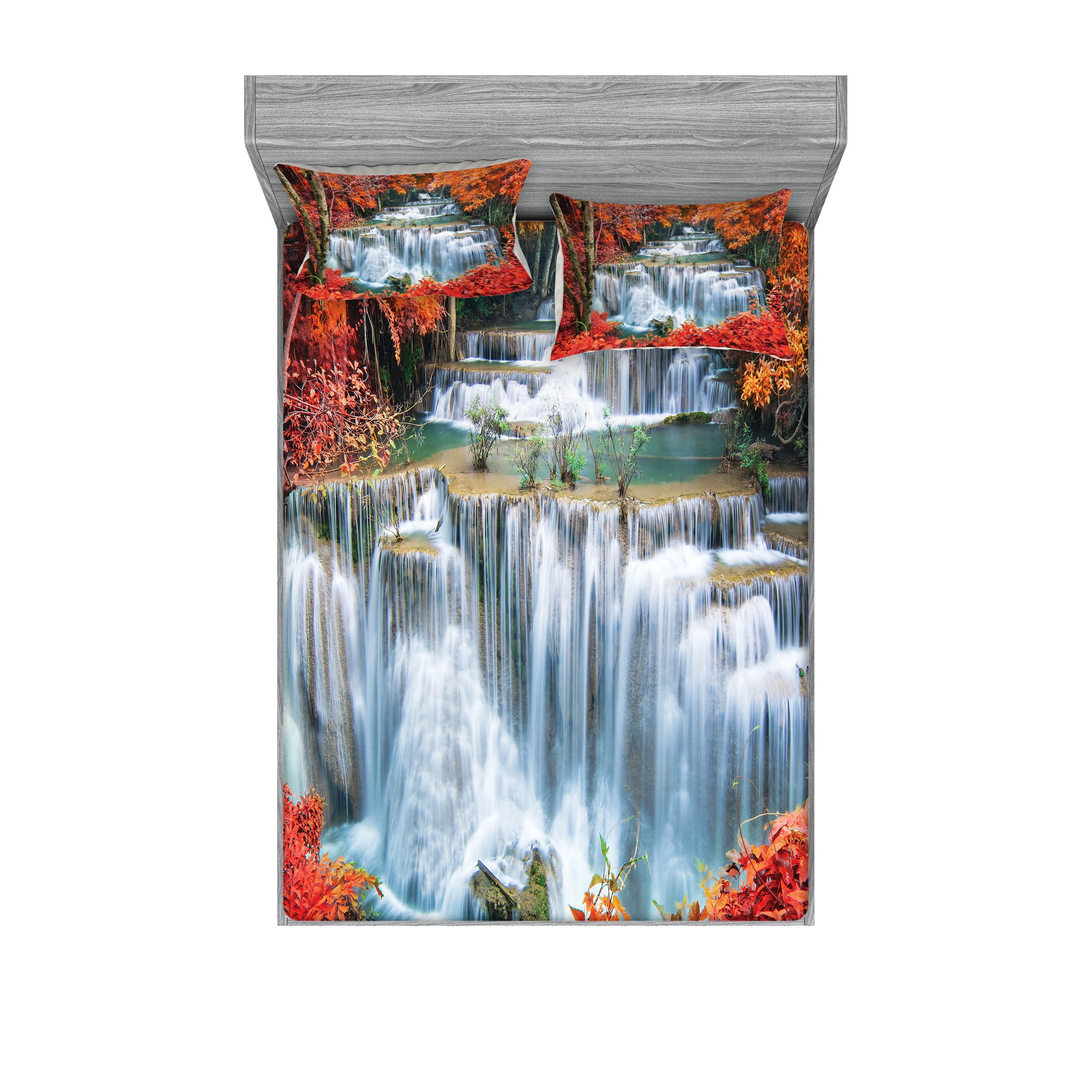Ambesonne Landscape Fitted Sheet & Pillow Sham Set, Botanic Fall Forest ...
