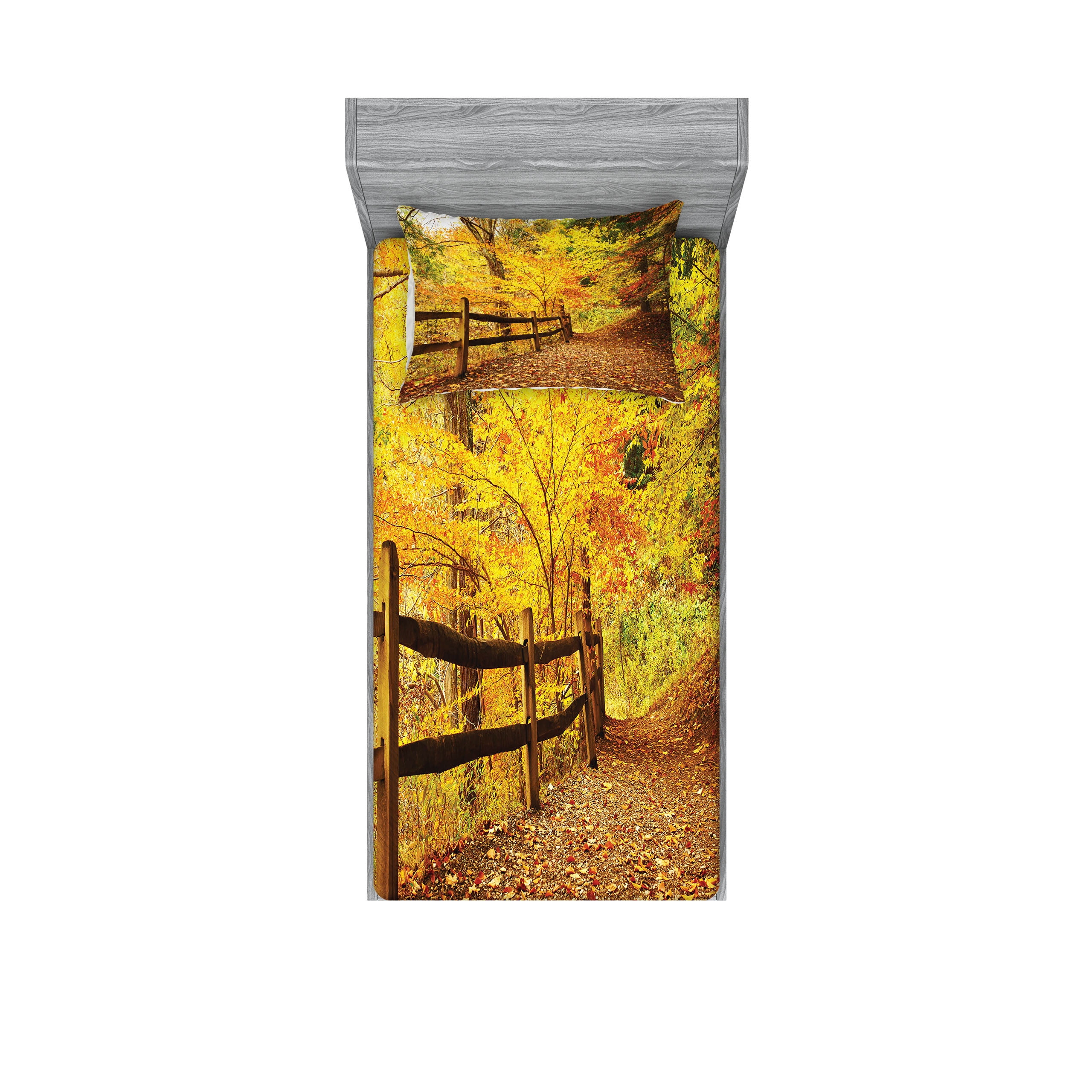 Ambesonne Landscape Fitted Sheet & Pillow Sham Set, Fall Trees Leaf ...