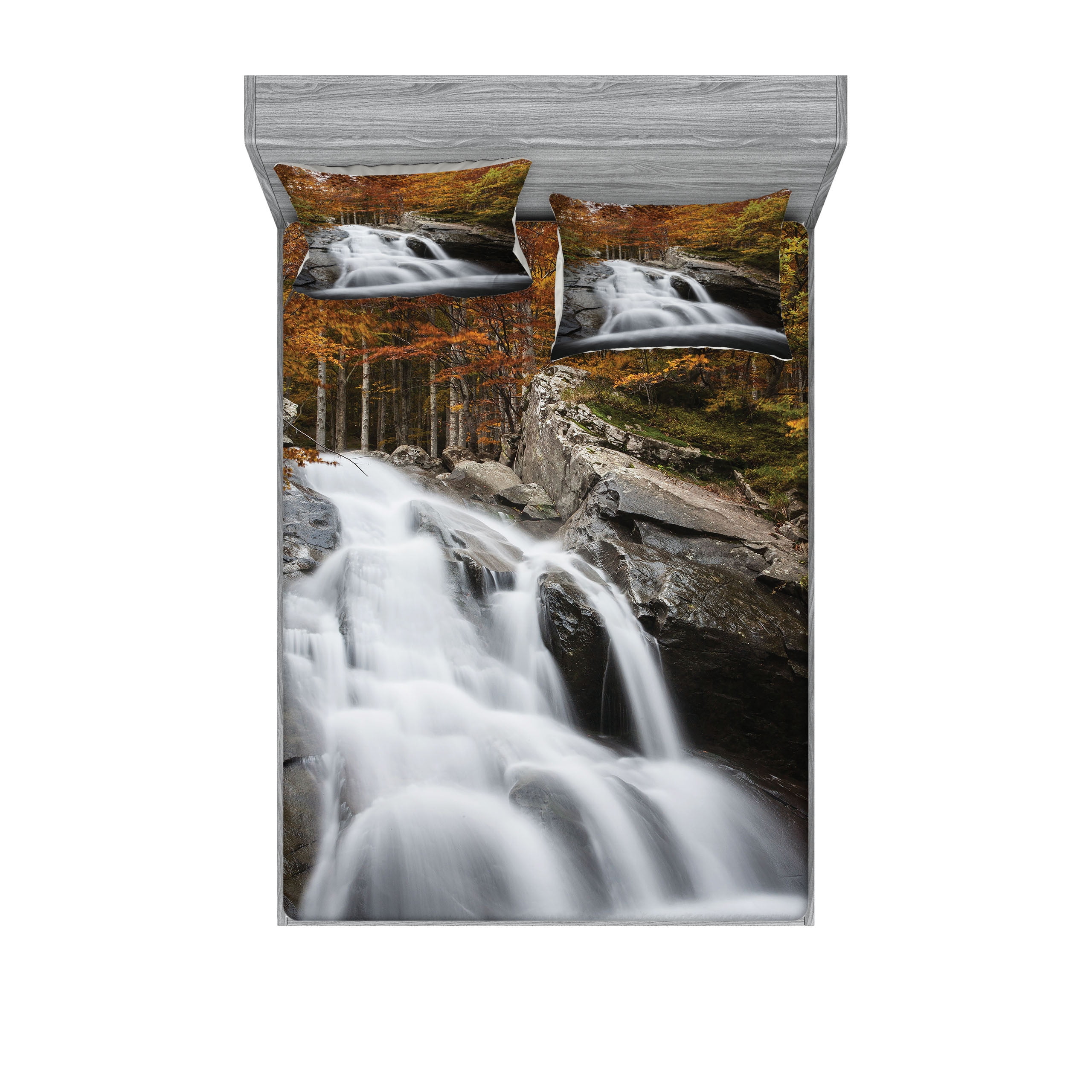 Ambesonne Landscape Fitted Sheet & Pillow Sham Set, Fall Trees with ...