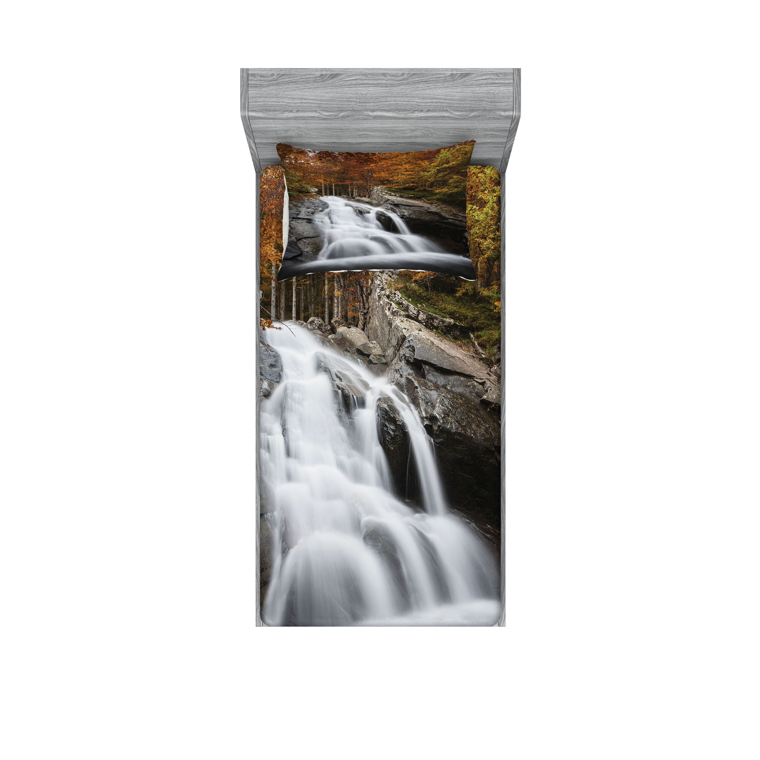 Ambesonne Landscape Fitted Sheet & Pillow Sham Set, Fall Trees with ...
