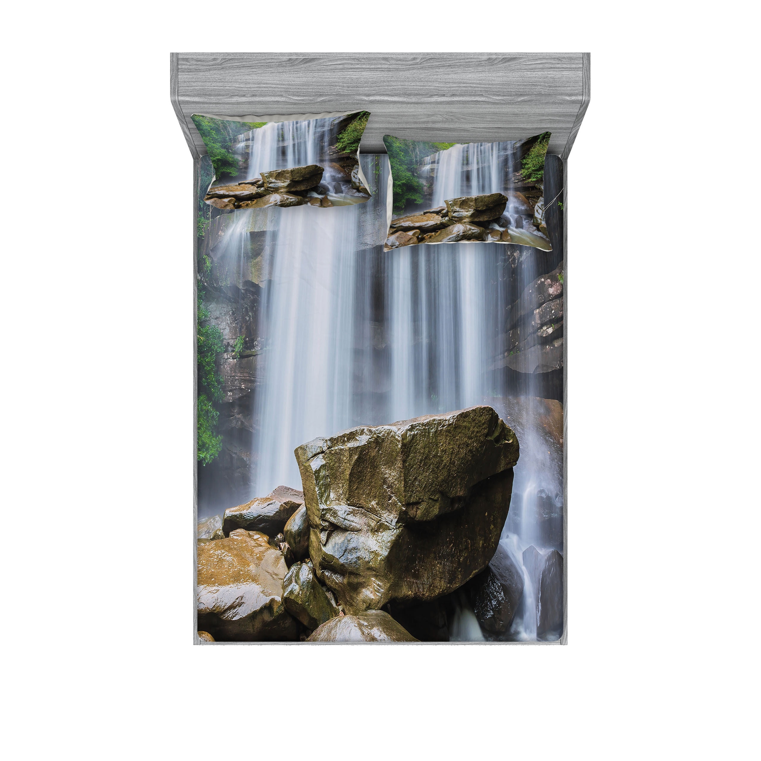 Ambesonne Landscape Fitted Sheet & Pillow Sham Set, Tropical Waterfalls ...