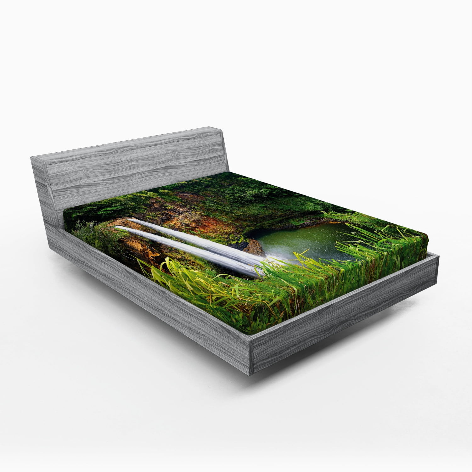 Ambesonne Landscape Fitted Sheet, Twin Waterfalls Hawai, Queen Size ...