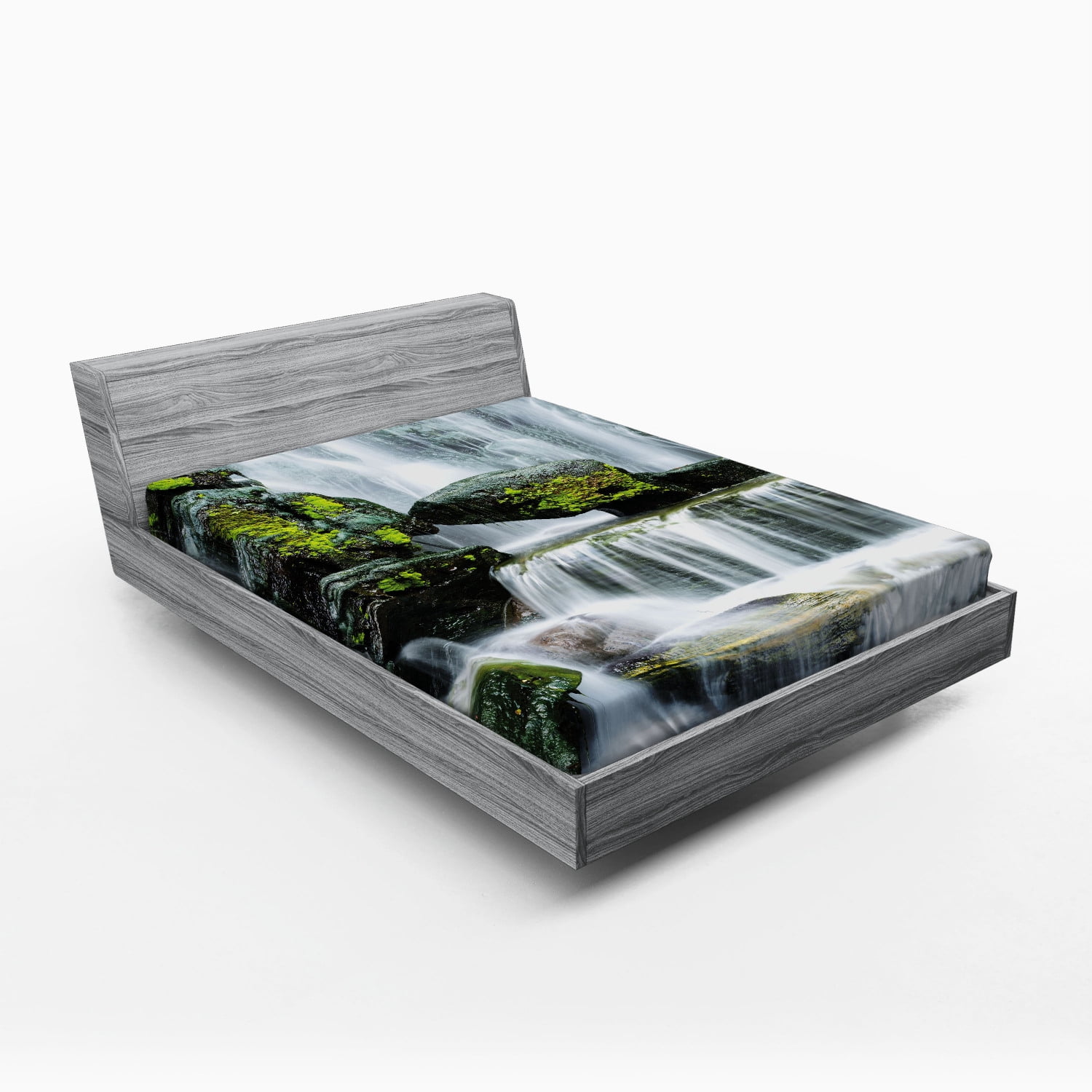 Ambesonne Landscape Fitted Sheet, Waterfall with Rocks, Full Size ...