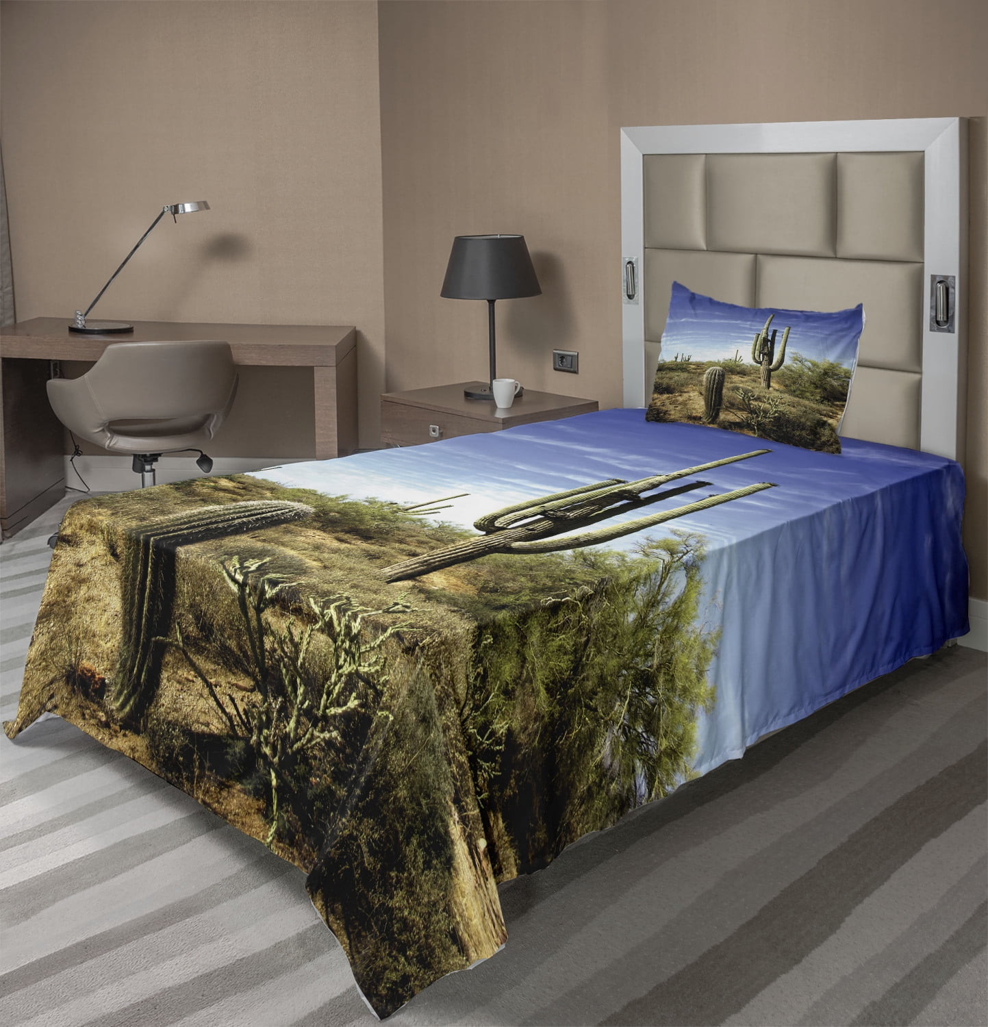 Ambesonne Landscape Fitted & Top Sheet Set with Sham, Cactus Spined ...