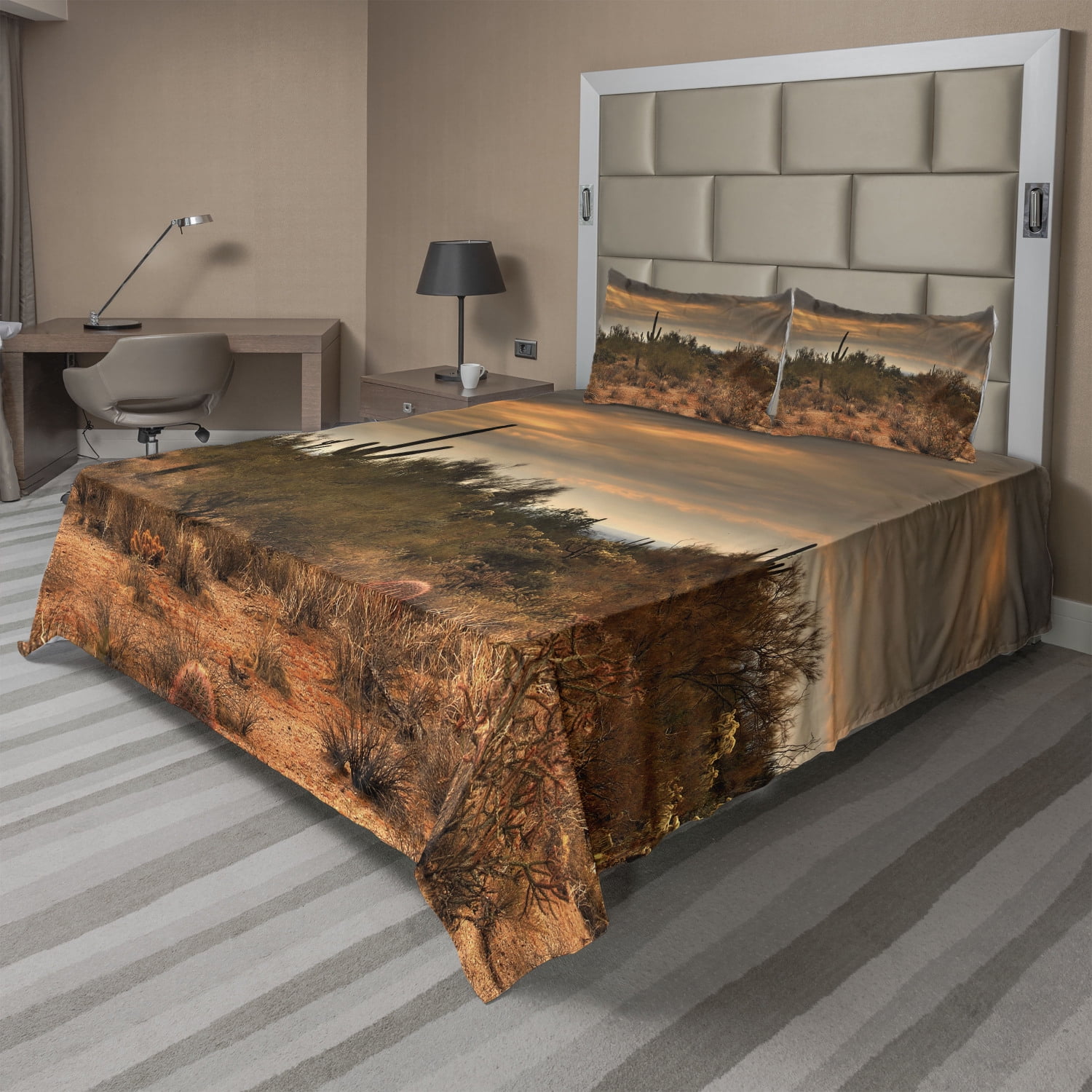Ambesonne Landscape Fitted & Top Sheet Set with Shams, Dramatic Shady ...