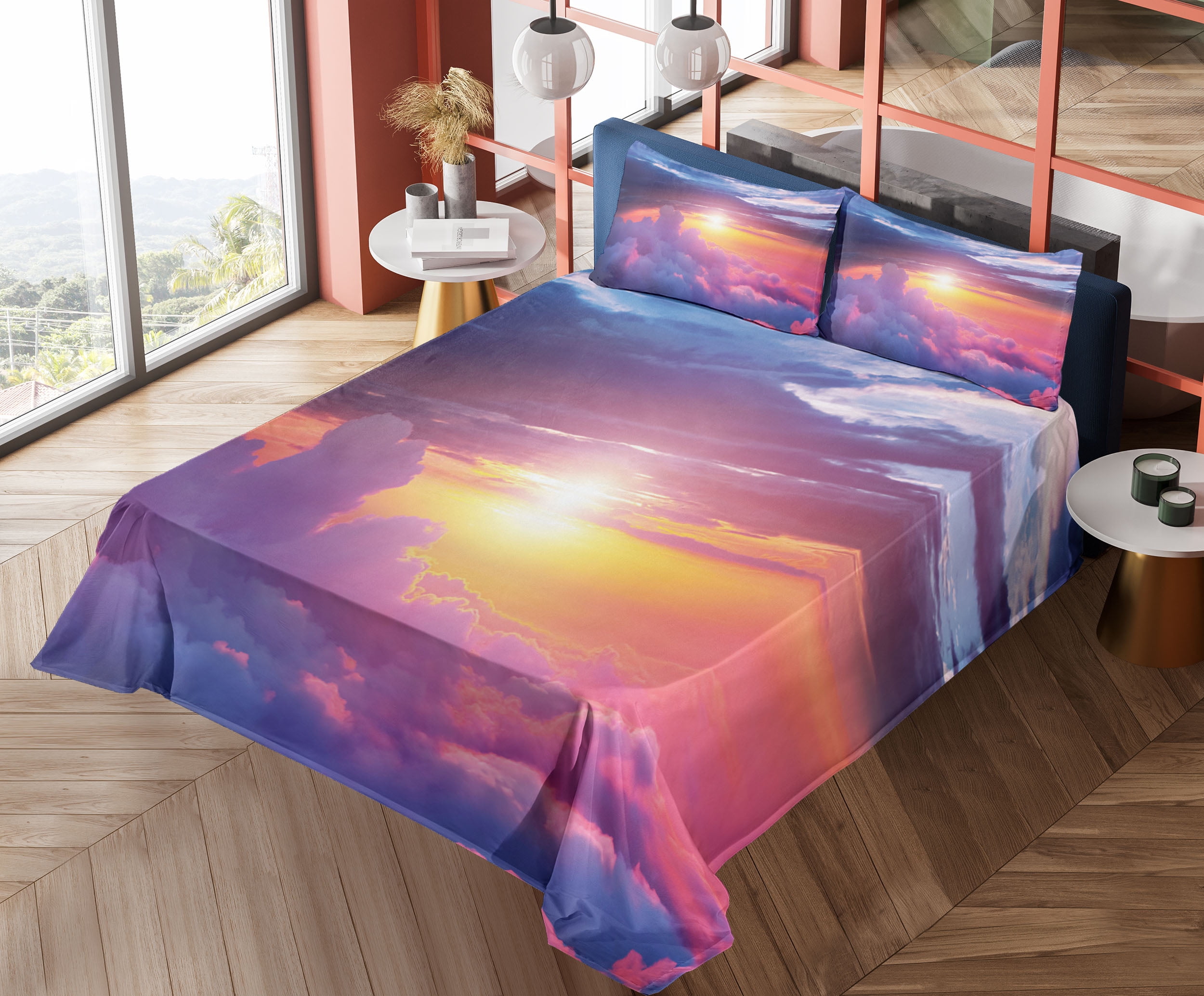 Ambesonne Landscape Fitted & Top Sheet Set with Shams, Sunset Sky and ...
