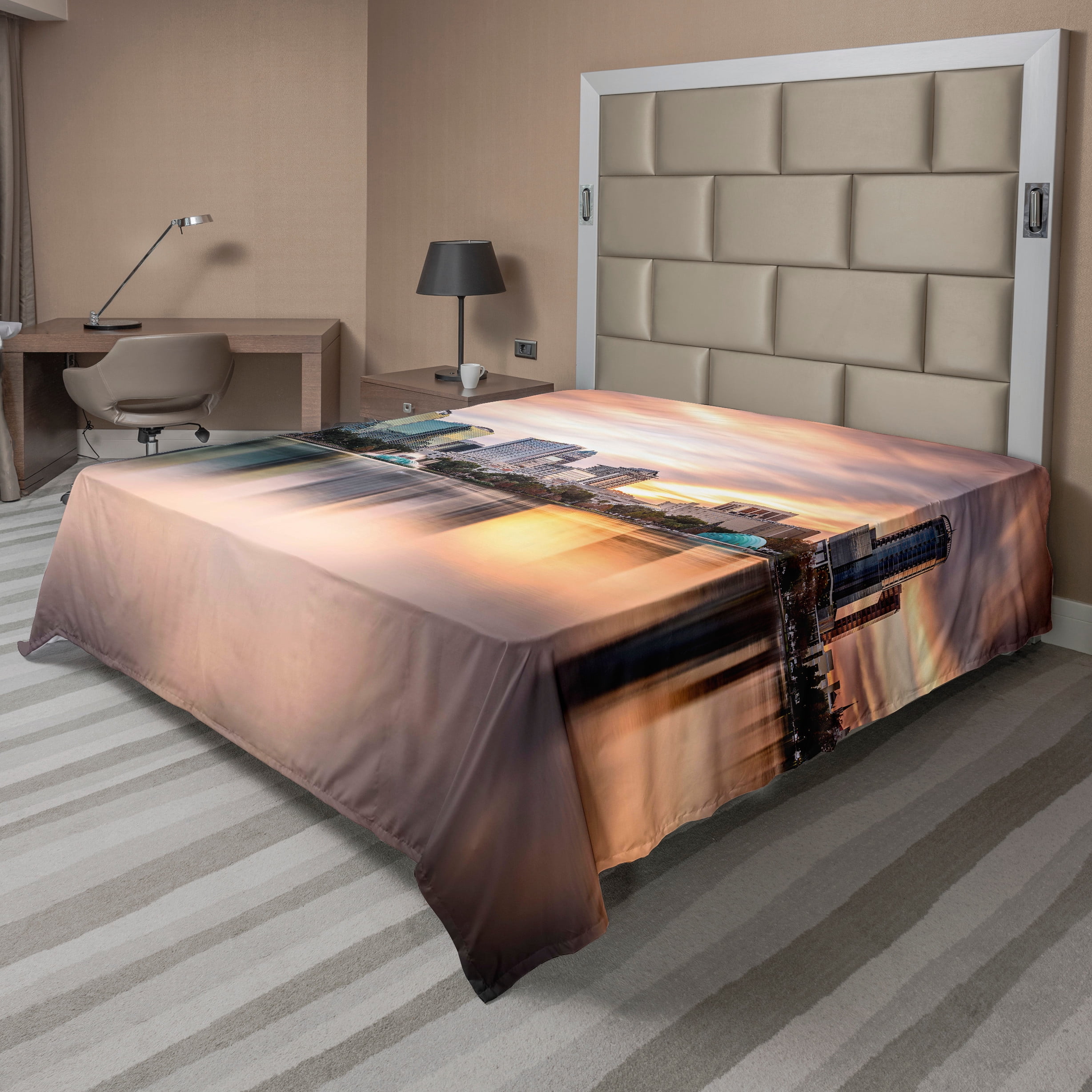 Ambesonne Landscape Flat Sheet, Downtown City Skyline, Queen Size, Teal ...