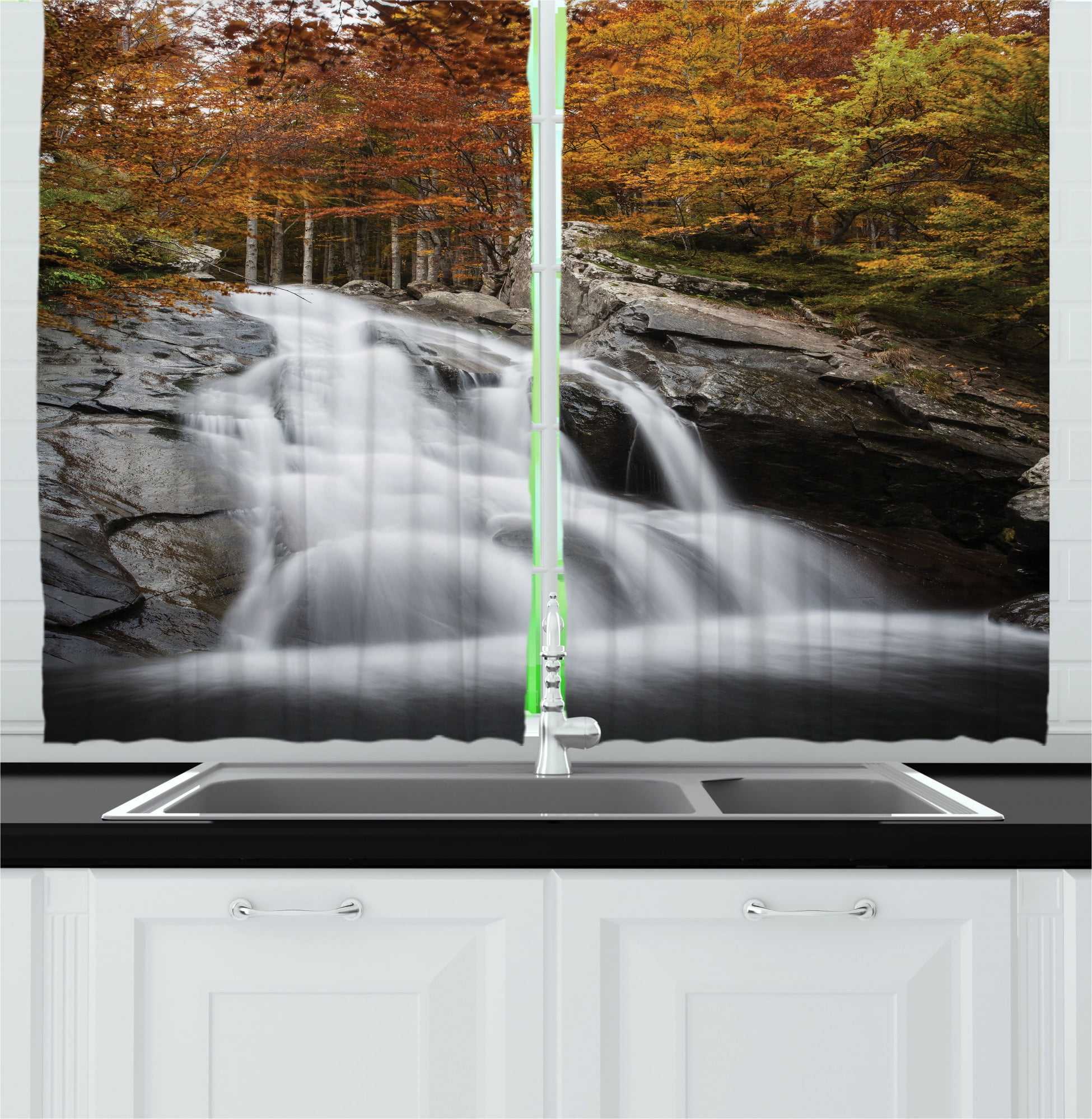 Ambesonne Landscape Kitchen Curtains, Fall Trees with Lake, 55"x45 ...