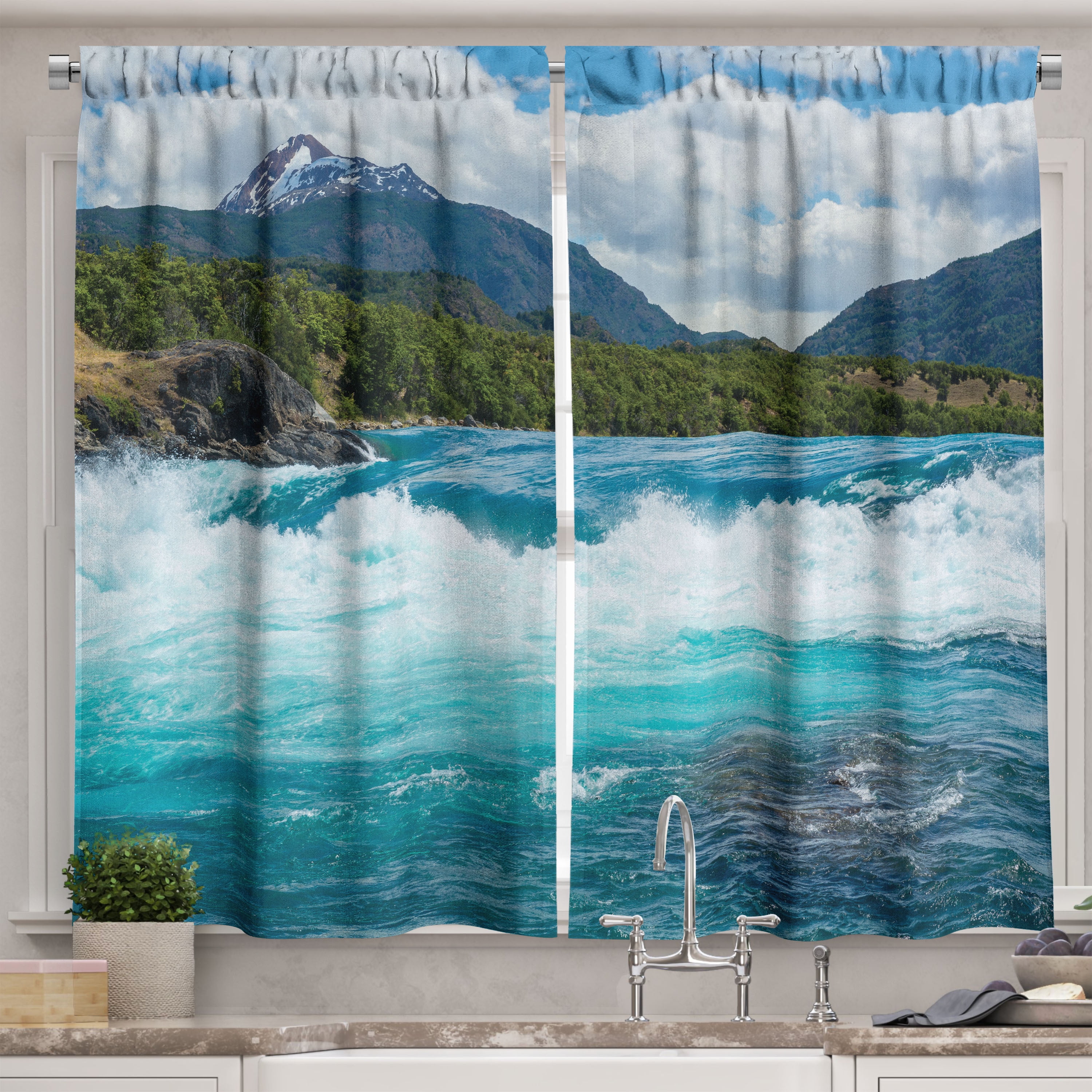 Ambesonne Landscape Kitchen Curtains, River Cloudy Mountain, 55"x45 ...