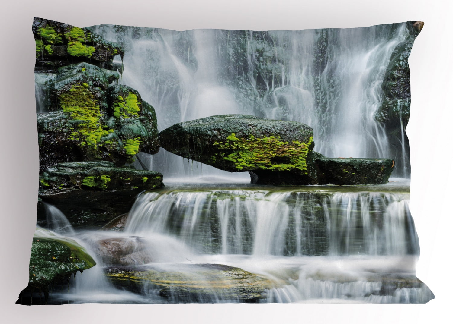 Ambesonne Landscape Pillow Sham, Waterfall with Rocks, 26" X 20", Green ...