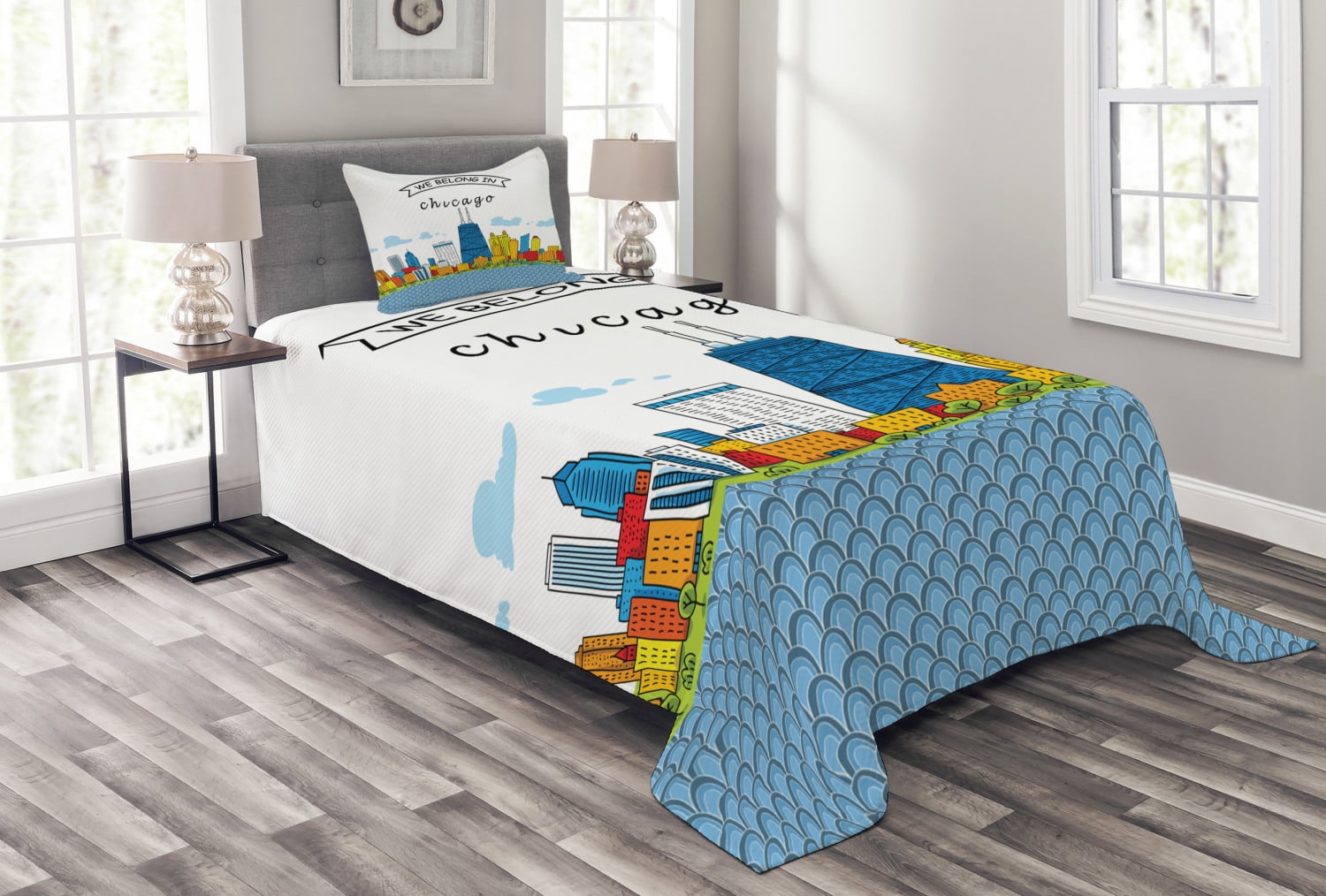 Ambesonne Landscape Quilted Bedspread Set 2 Pcs, Chicago USA Cartoon ...