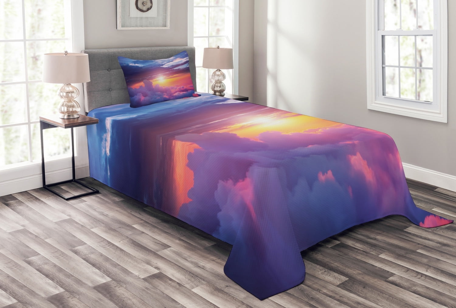 Ambesonne Landscape Quilted Bedspread Set 2 Pcs, Sunset Sky and Clouds ...