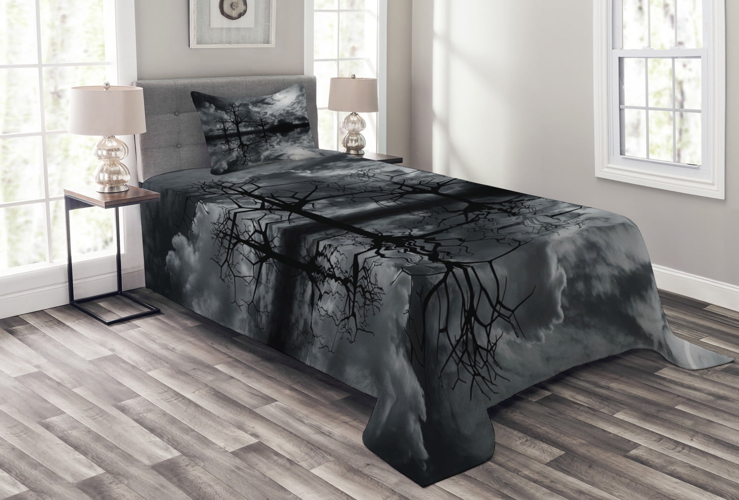 Ambesonne Landscape Quilted Bedspread Set 2 Pcs, Trees Night Sky Cloud ...