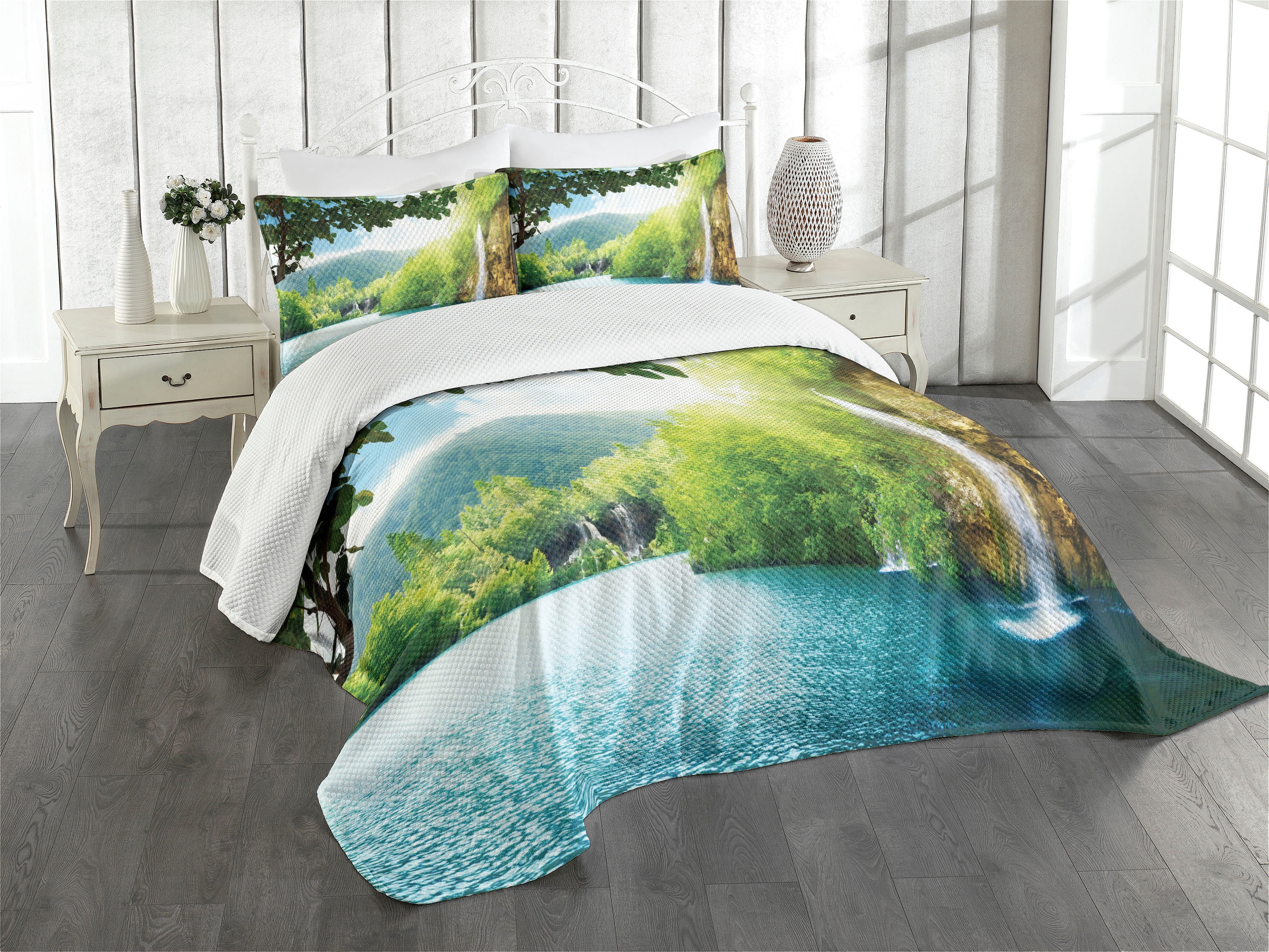 Ambesonne Landscape Quilted Bedspread Set 3 Pcs, Crotian Lake Forest ...