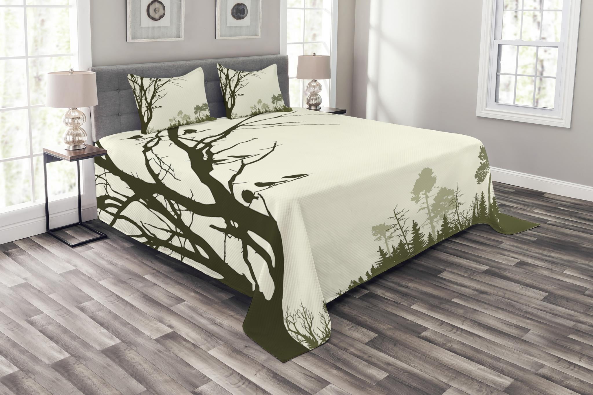 Ambesonne Landscape Quilted Bedspread Set 3 Pcs, Forest Birds on Tree ...