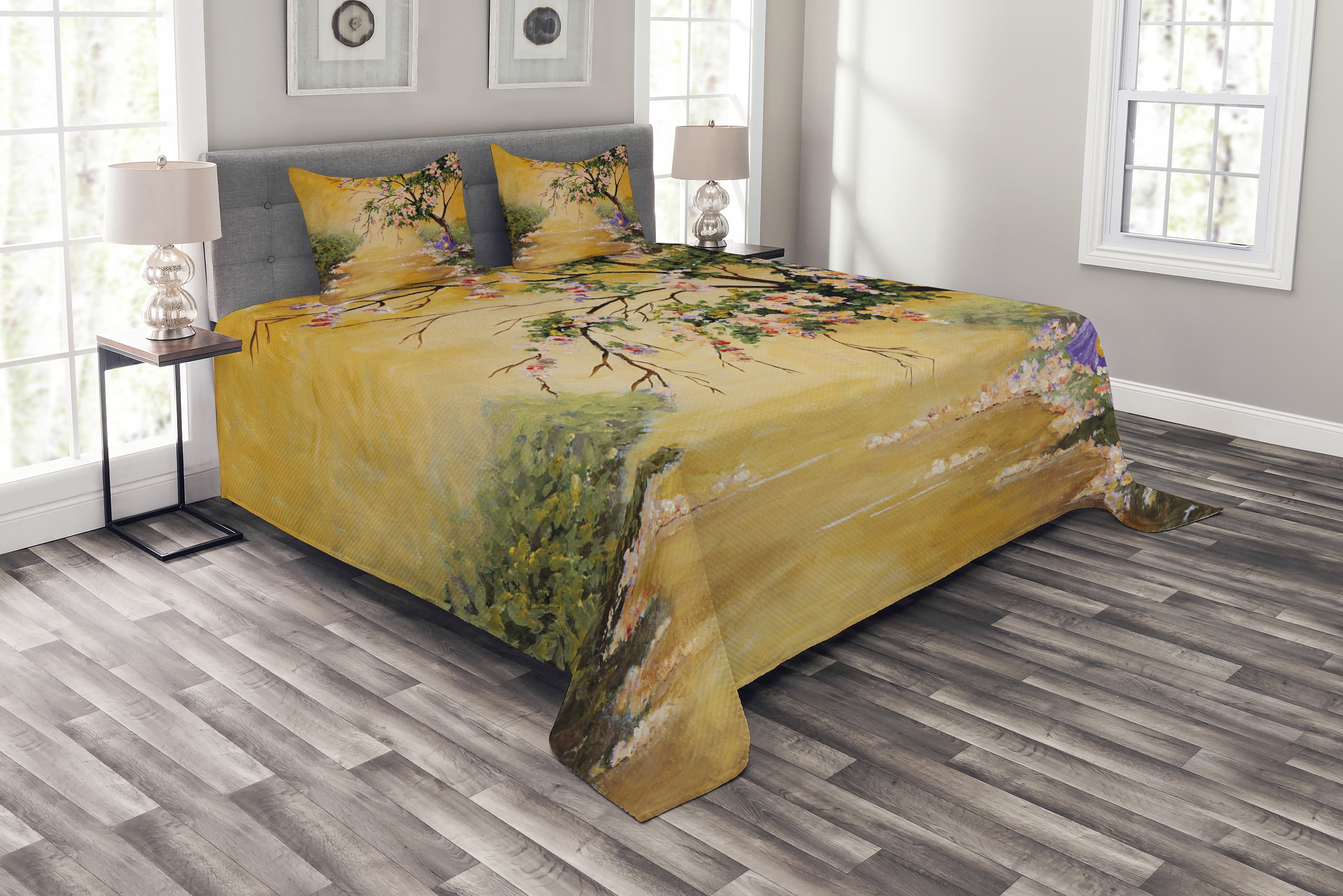 Ambesonne Landscape Quilted Bedspread Set 3 Pcs, Girl near River Tree ...