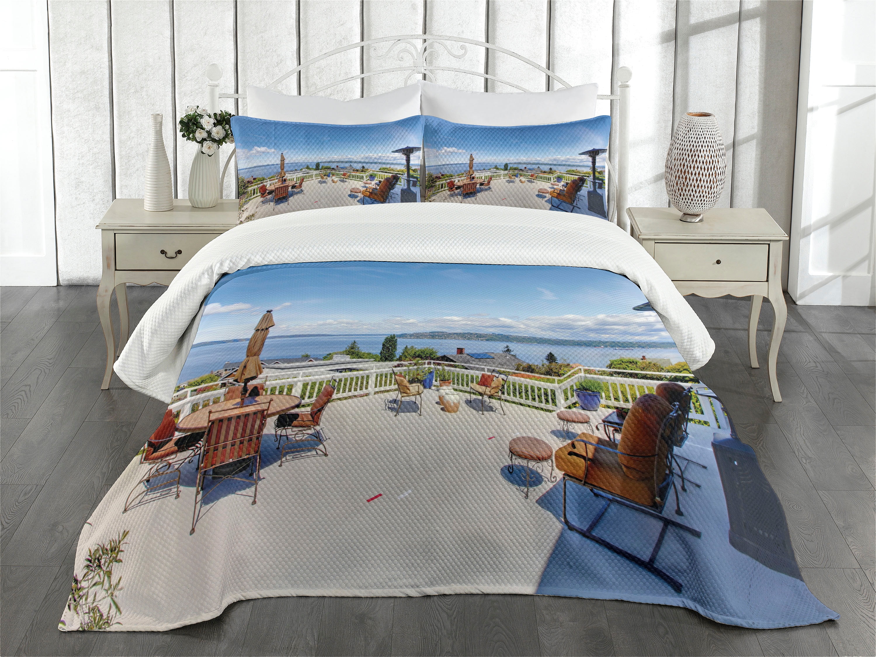 Ambesonne Landscape Quilted Bedspread Set 3 Pcs, House Terrace Balcony ...