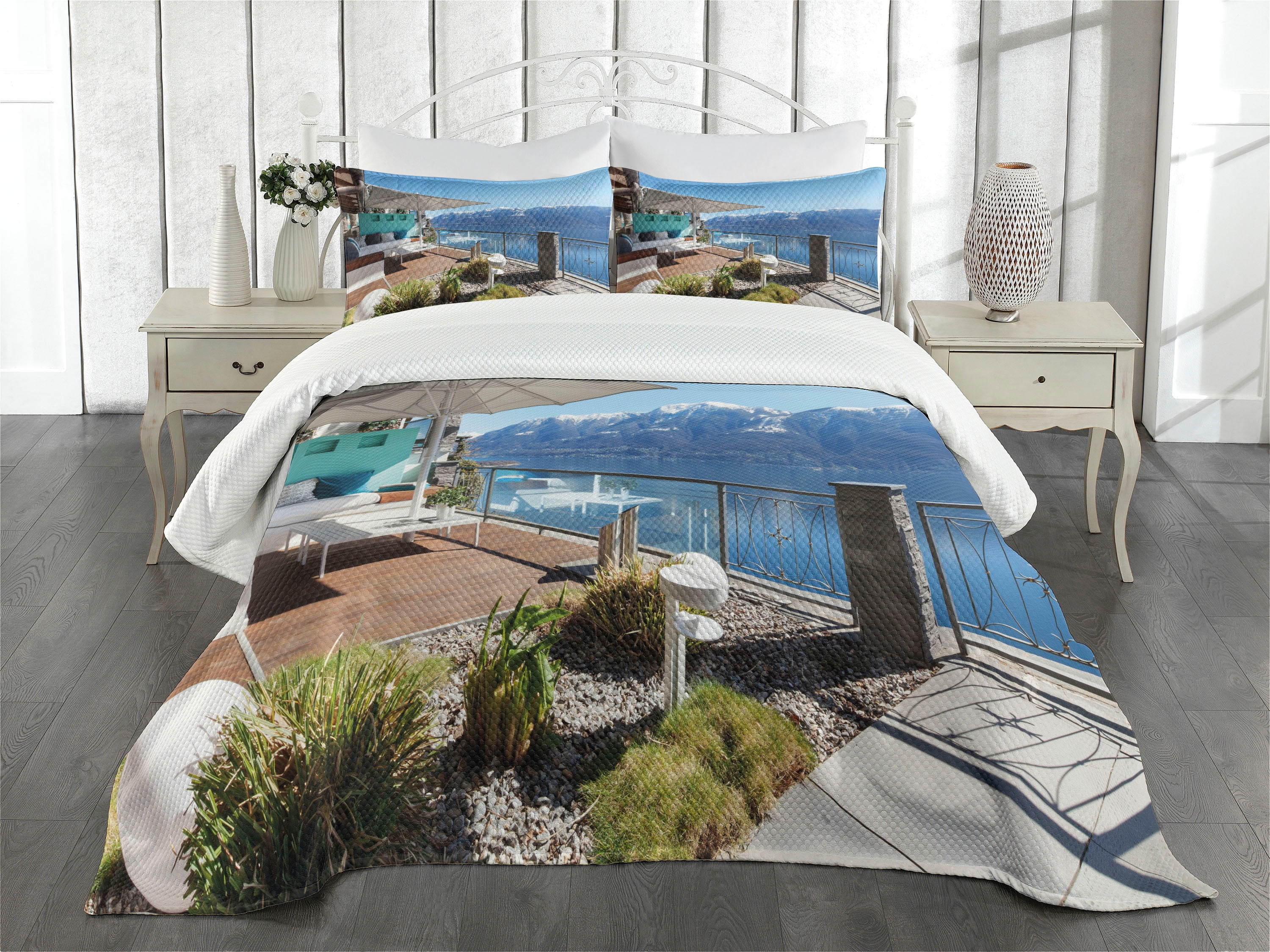 Ambesonne Landscape Quilted Bedspread Set 3 Pcs, Snowy Mountain Ocean ...