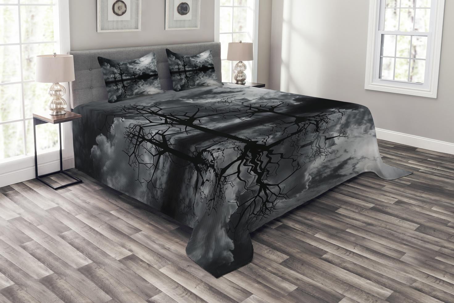 Ambesonne Landscape Quilted Bedspread Set 3 Pcs, Trees Night Sky Cloud ...