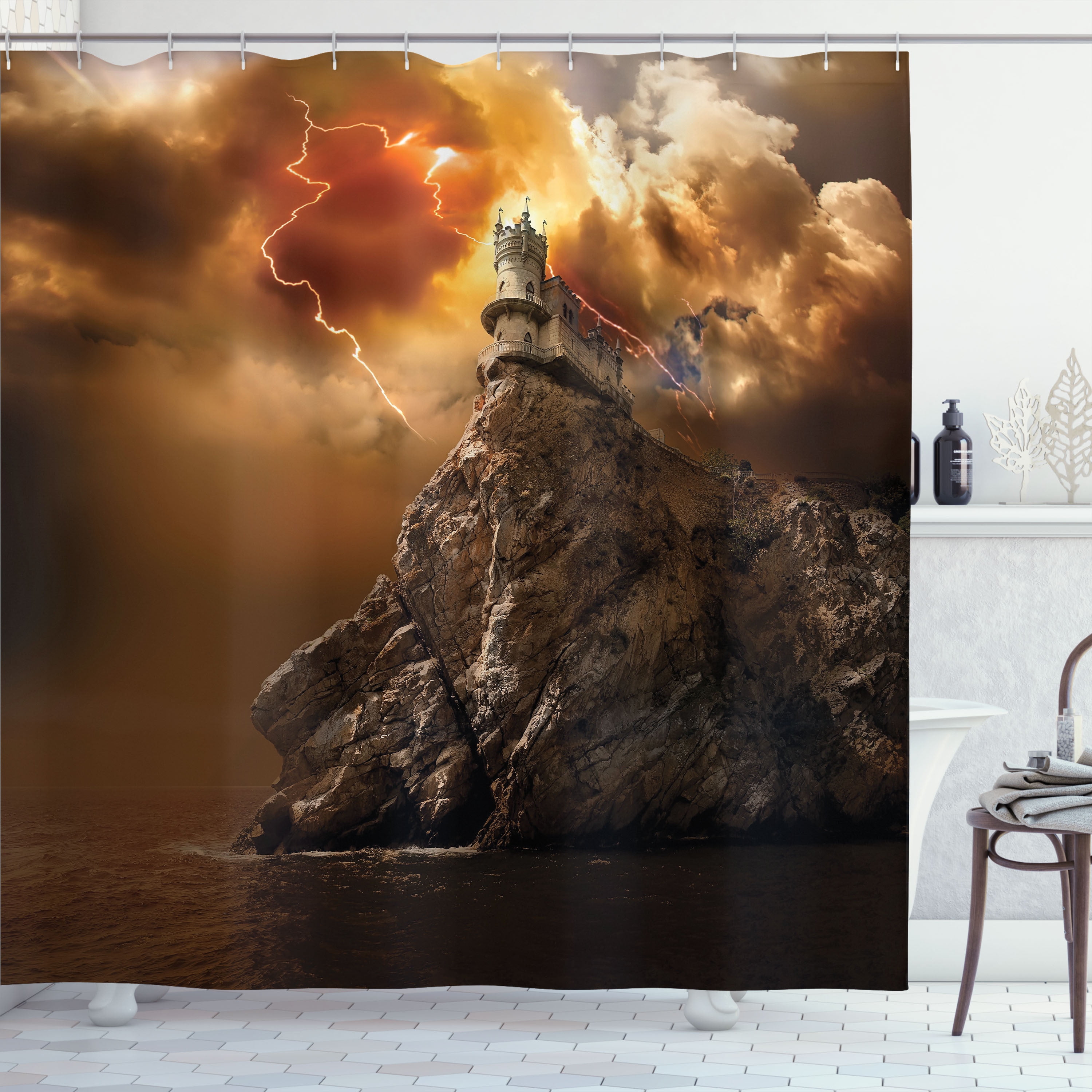 Ambesonne Landscape Shower Curtain, Castle Thunder Storm, 69"Wx70"L ...