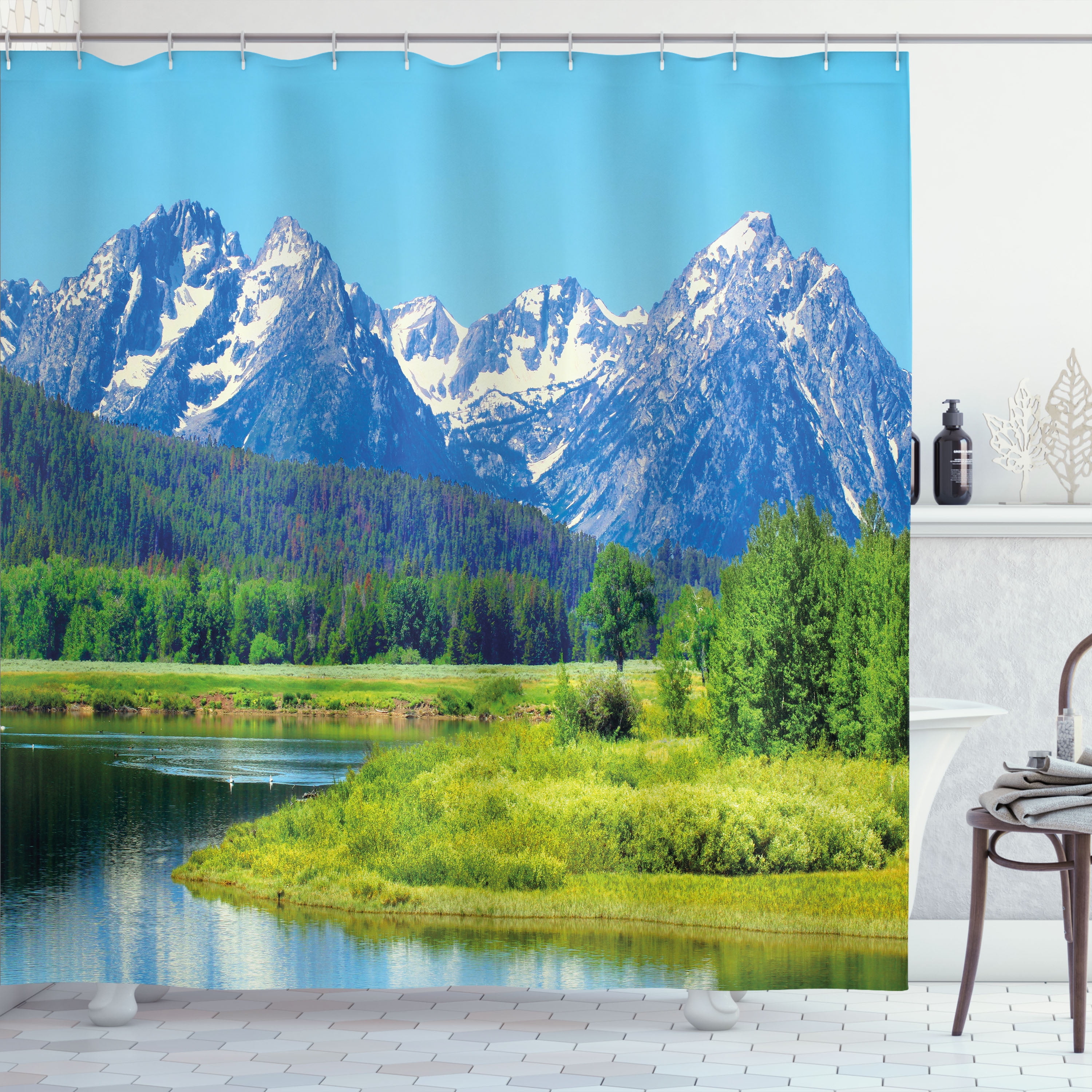 Ambesonne Landscape Shower Curtain, Grand Teton Mountains, 69"Wx70"L, Yellow Green Multicolor ...