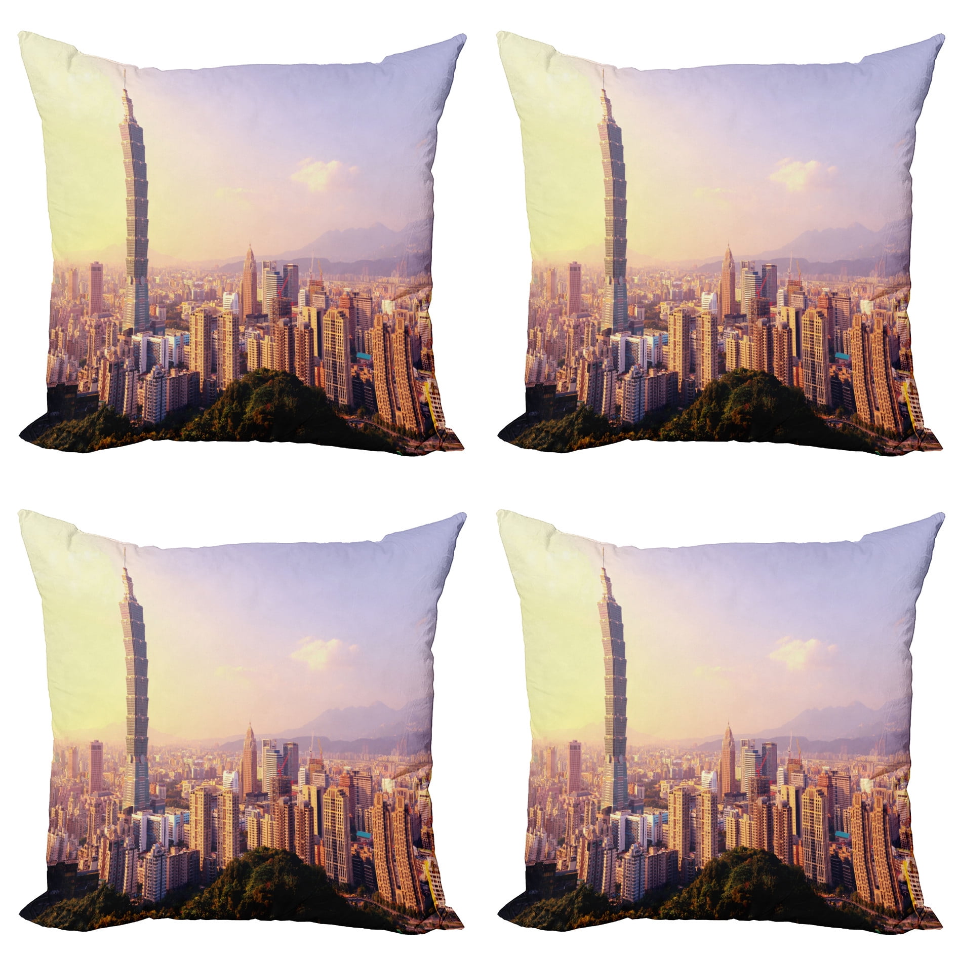 Ambesonne Landscape Throw Pillow Cover 4 Pack, Skyline Taipei Taiwan ...