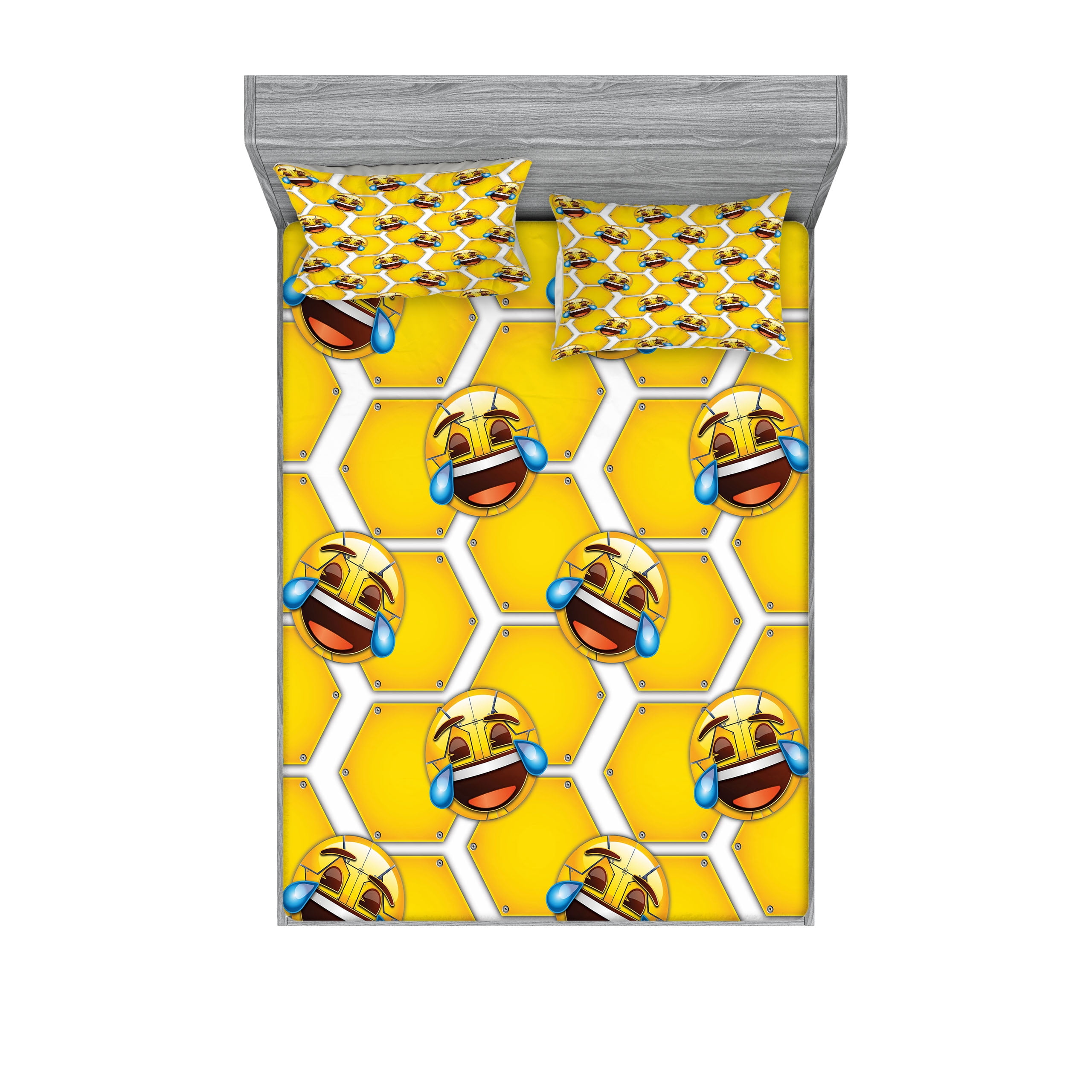 Ambesonne Laughing Emoji Fitted Sheet & Pillow Sham Set, Futurist Robot ...