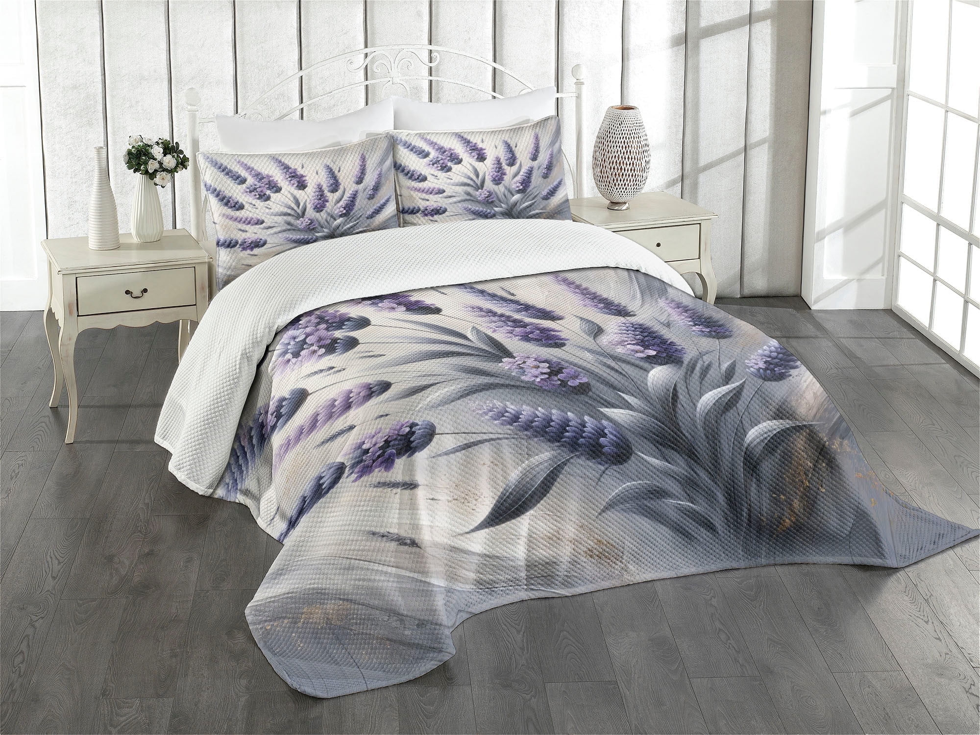 Ambesonne Lavender Quilted Bedspread Set 3 Pcs, Modern Floral Muted ...