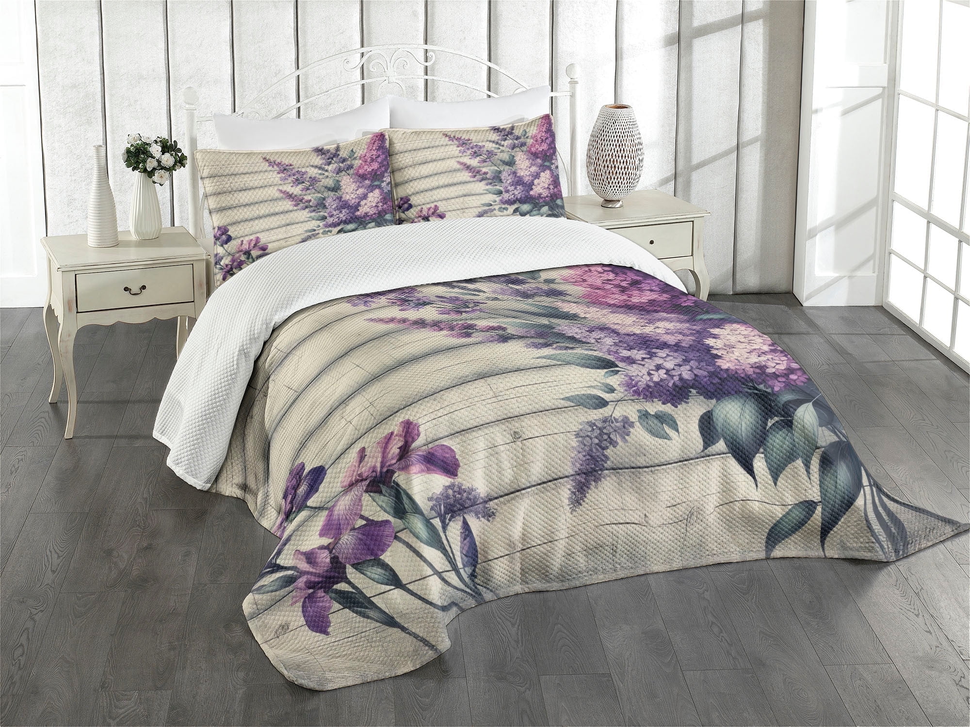 Ambesonne Lavender Quilted Bedspread Set 3 Pcs, Nostalgia Farm Leafy ...