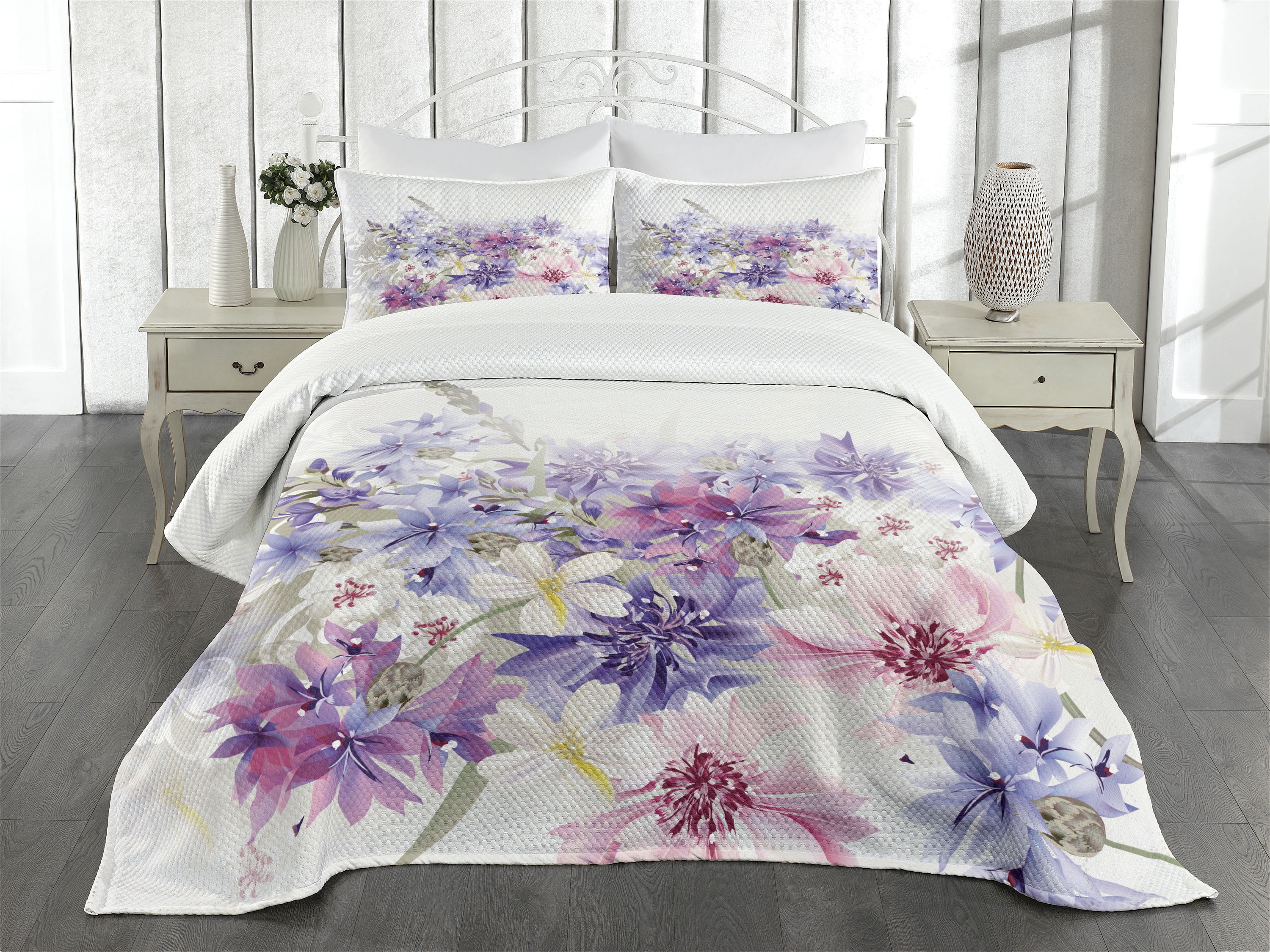 Ambesonne Lavender Quilted Bedspread Set 3 Pcs, Pink Purple Flowers ...